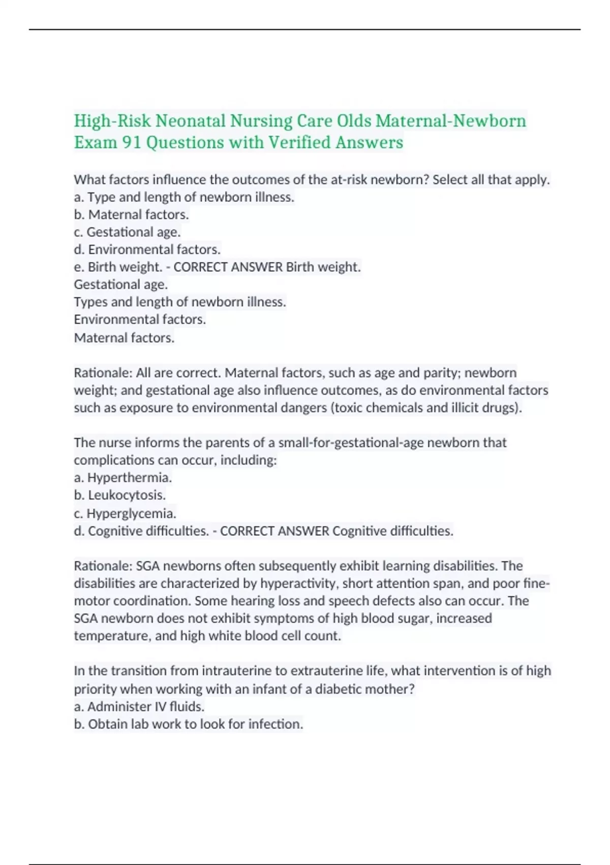 High-Risk Neonatal Nursing Care Olds Maternal-Newborn Exam 91 Questions ...