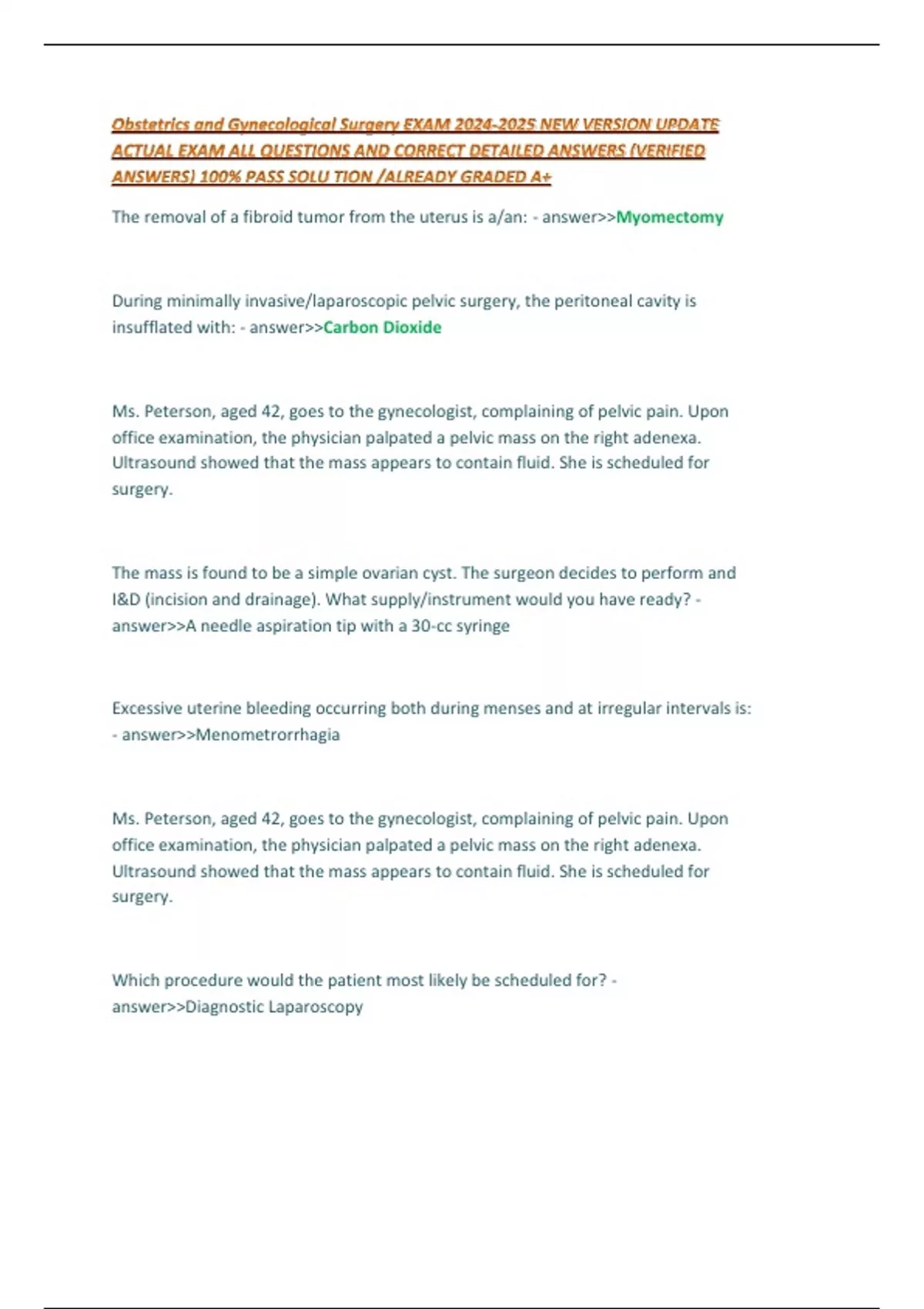 Obstetrics and Gynecological Surgery EXAM NEW VERSION UPDATE ACTUAL ...