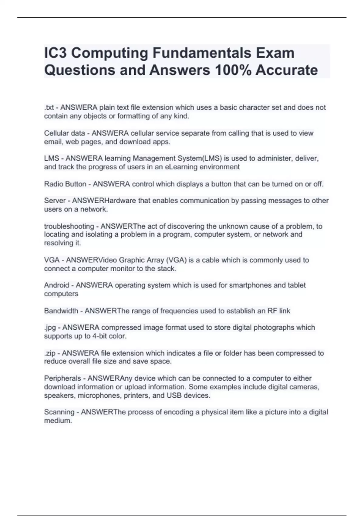 IC3 Computing Fundamentals Exam Questions and Answers 100% Accurate - IC3 Computing Fundamentals ...