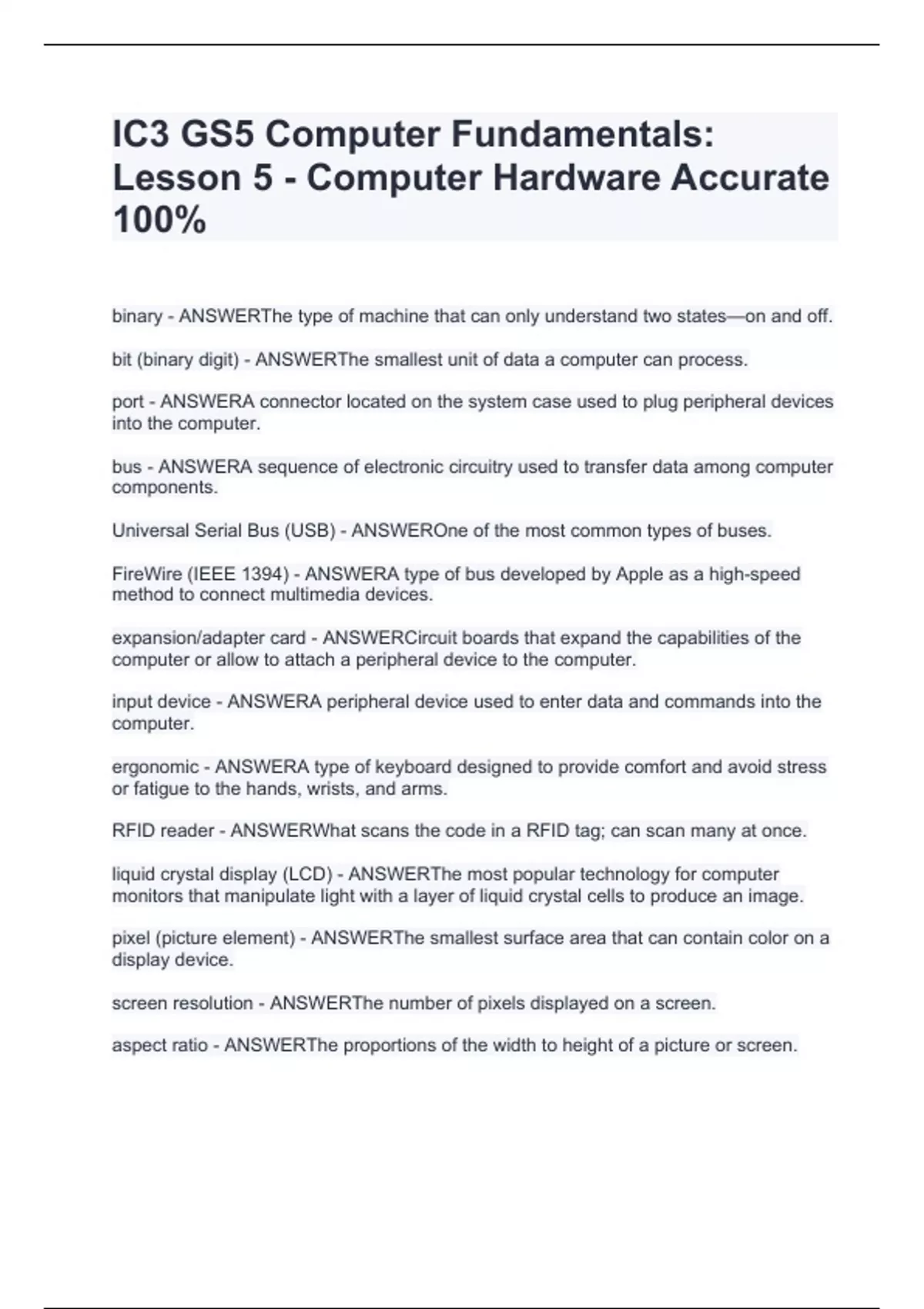 IC3 GS5 Computer Fundamentals: Lesson 5 - Computer Hardware Accurate 100% - IC3 GS5 Computer ...