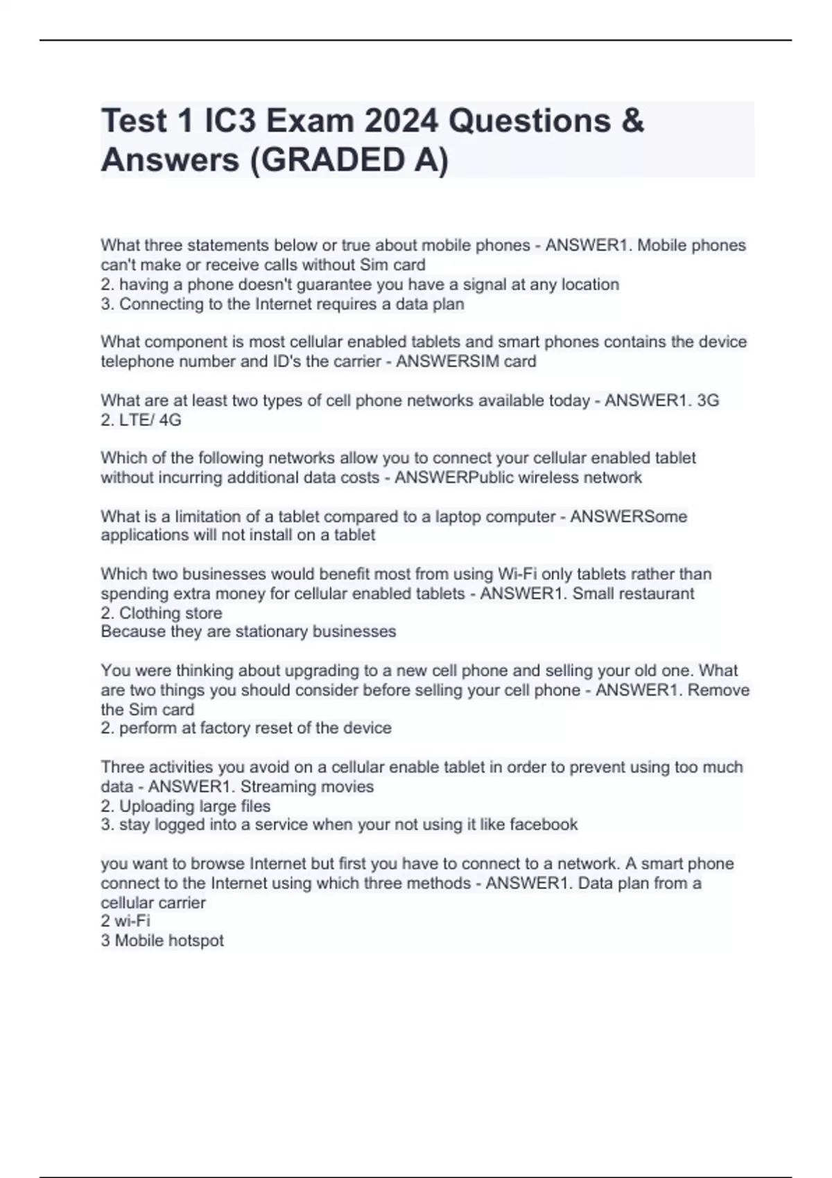 Test 1 IC3 Exam 2024 Questions & Answers (GRADED A) - IC3 - Stuvia US