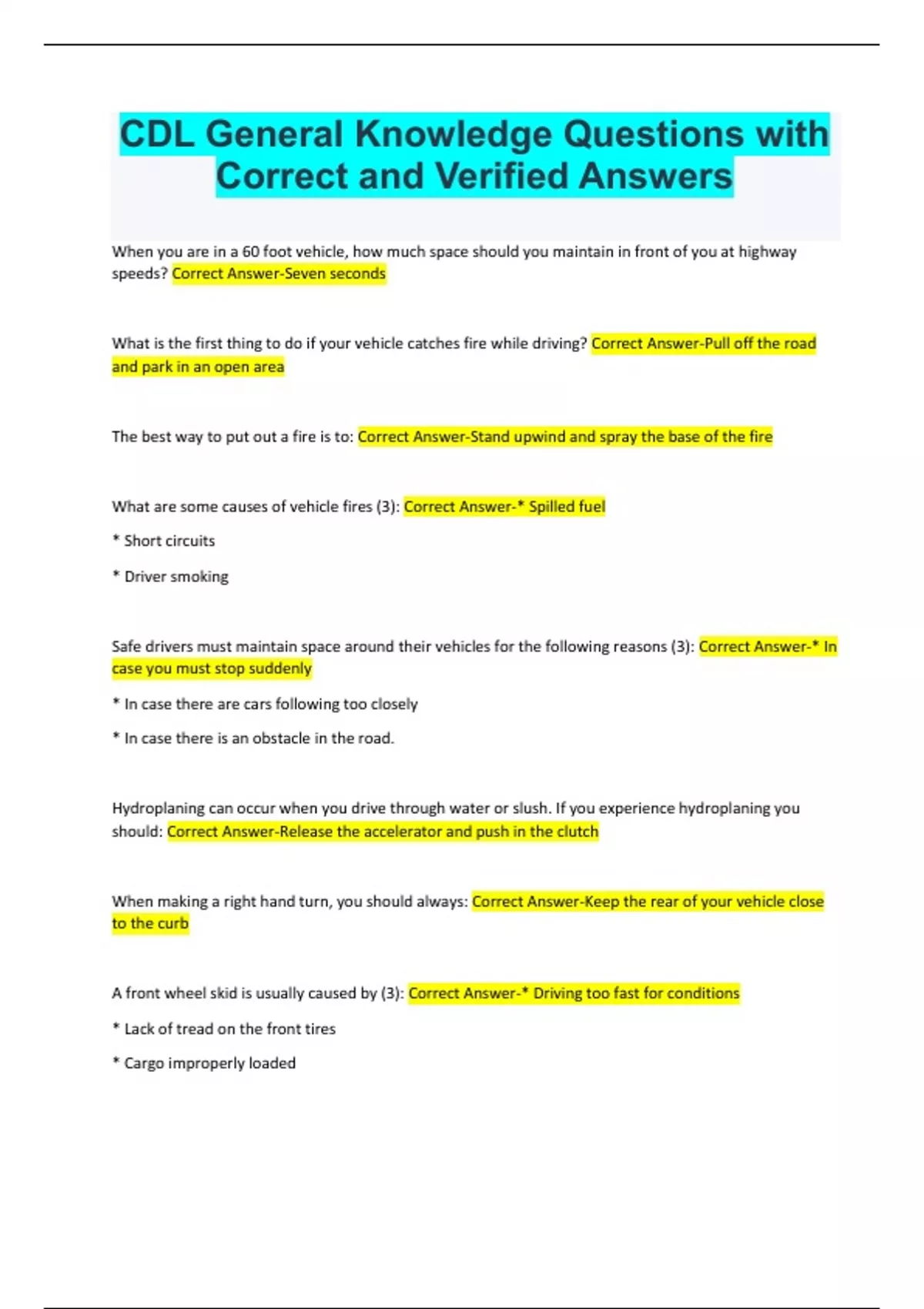 CDL General Knowledge Questions with Correct and Verified Answers - Cdl - Stuvia US