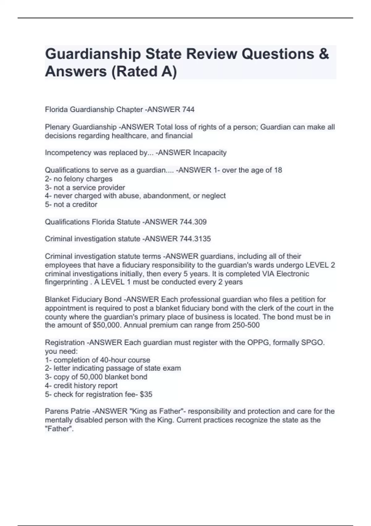 Guardianship State Review Questions & Answers (Rated A) - Guardianship ...