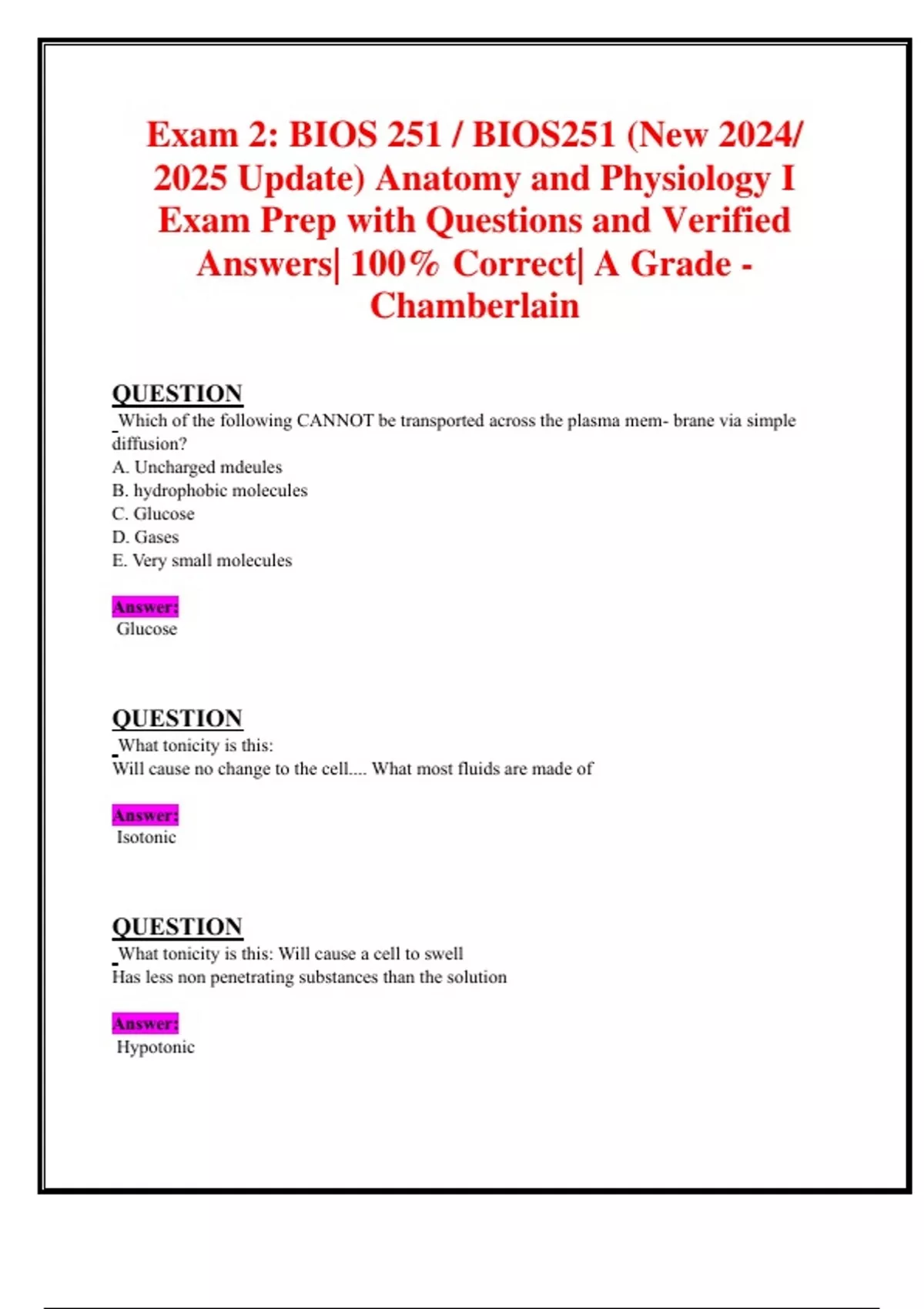 Exam 2: BIOS 251 / BIOS251 (New 2024/ 2025 Update) Anatomy and Physiology I Exam Prep with ...