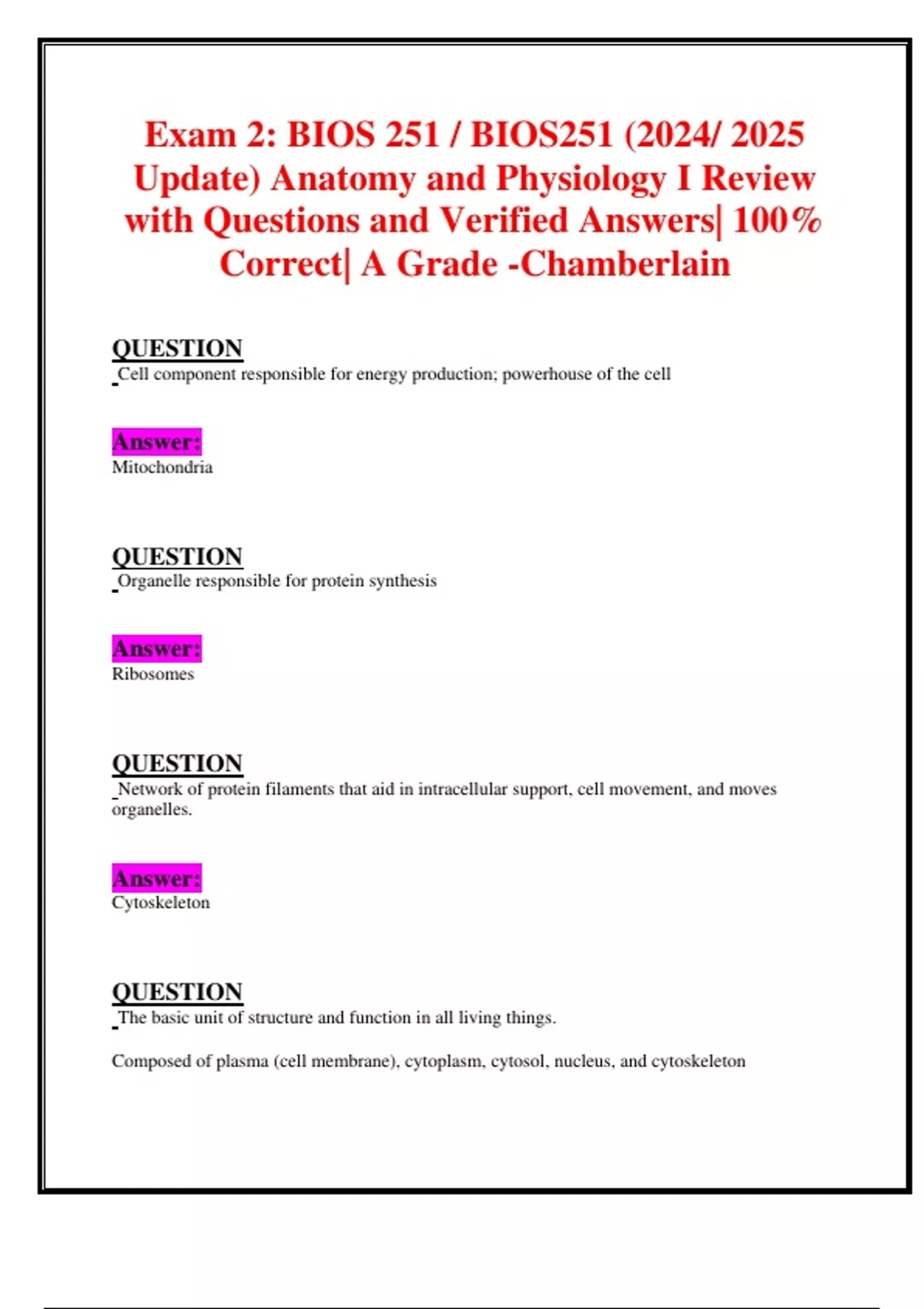 Exam 2: BIOS 251 / BIOS251 (2024/ 2025 Update) Anatomy and Physiology I Review with Questions ...