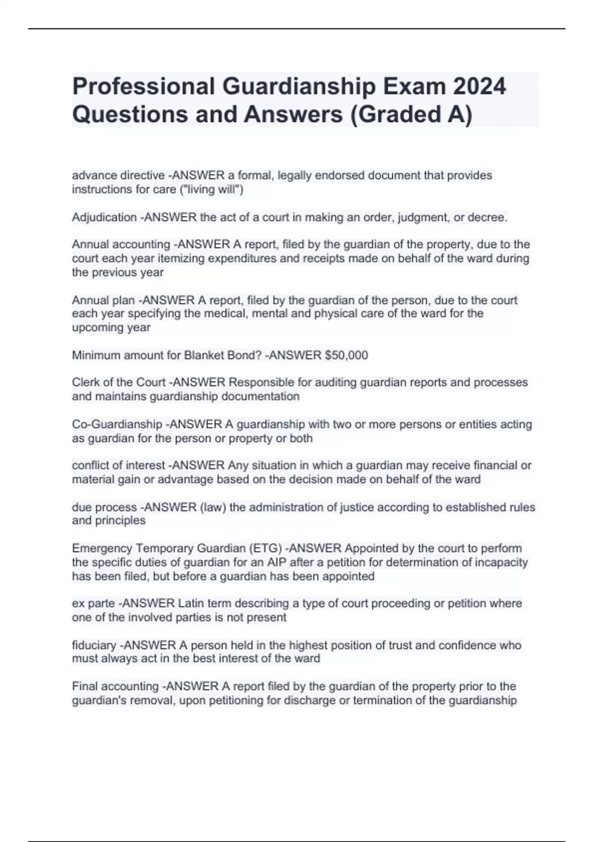 Professional Guardianship Exam 2024 Questions and Answers (Graded A ...