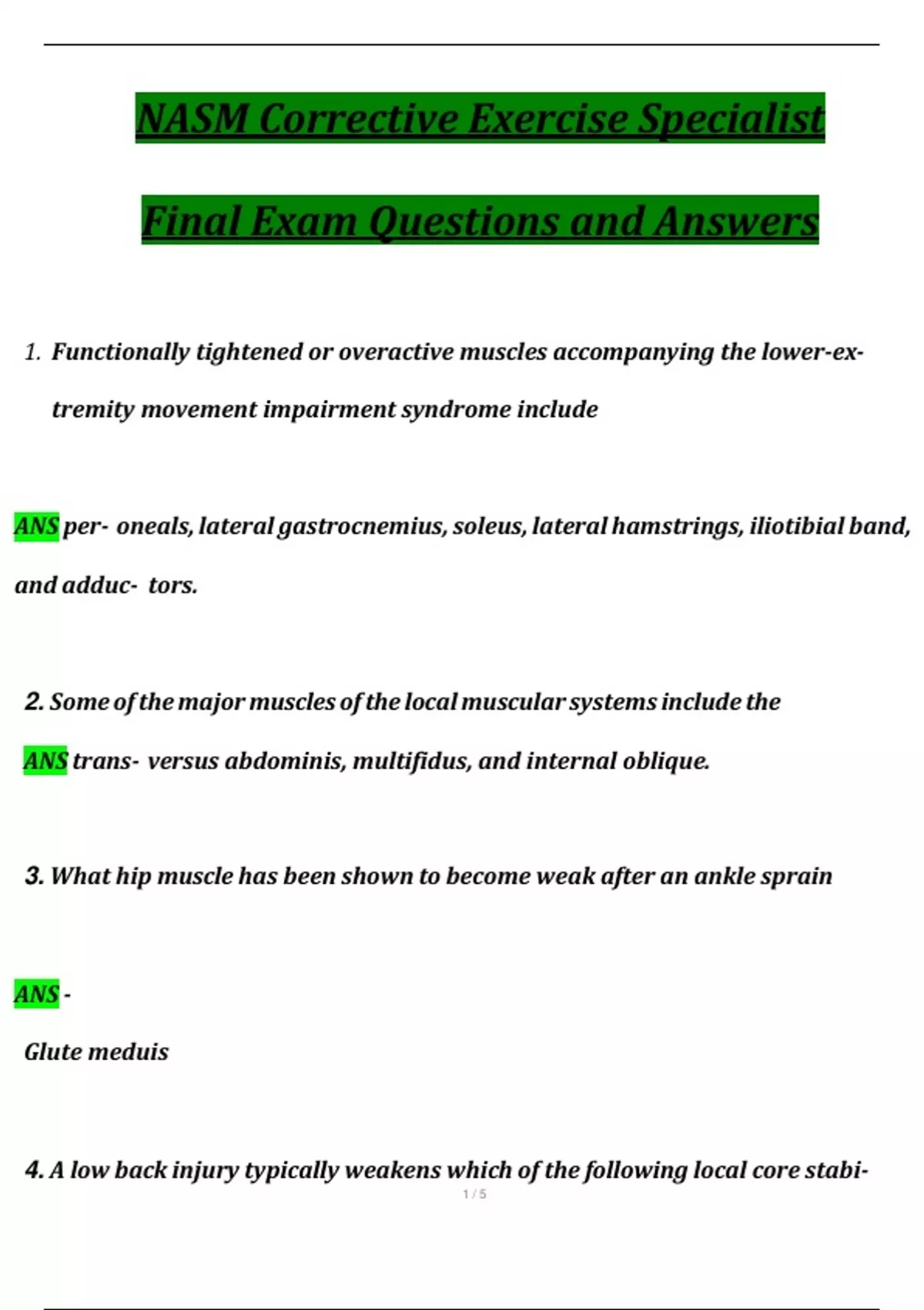 NASM Corrective Exercise Specialist Final Exam Questions and Answers ...