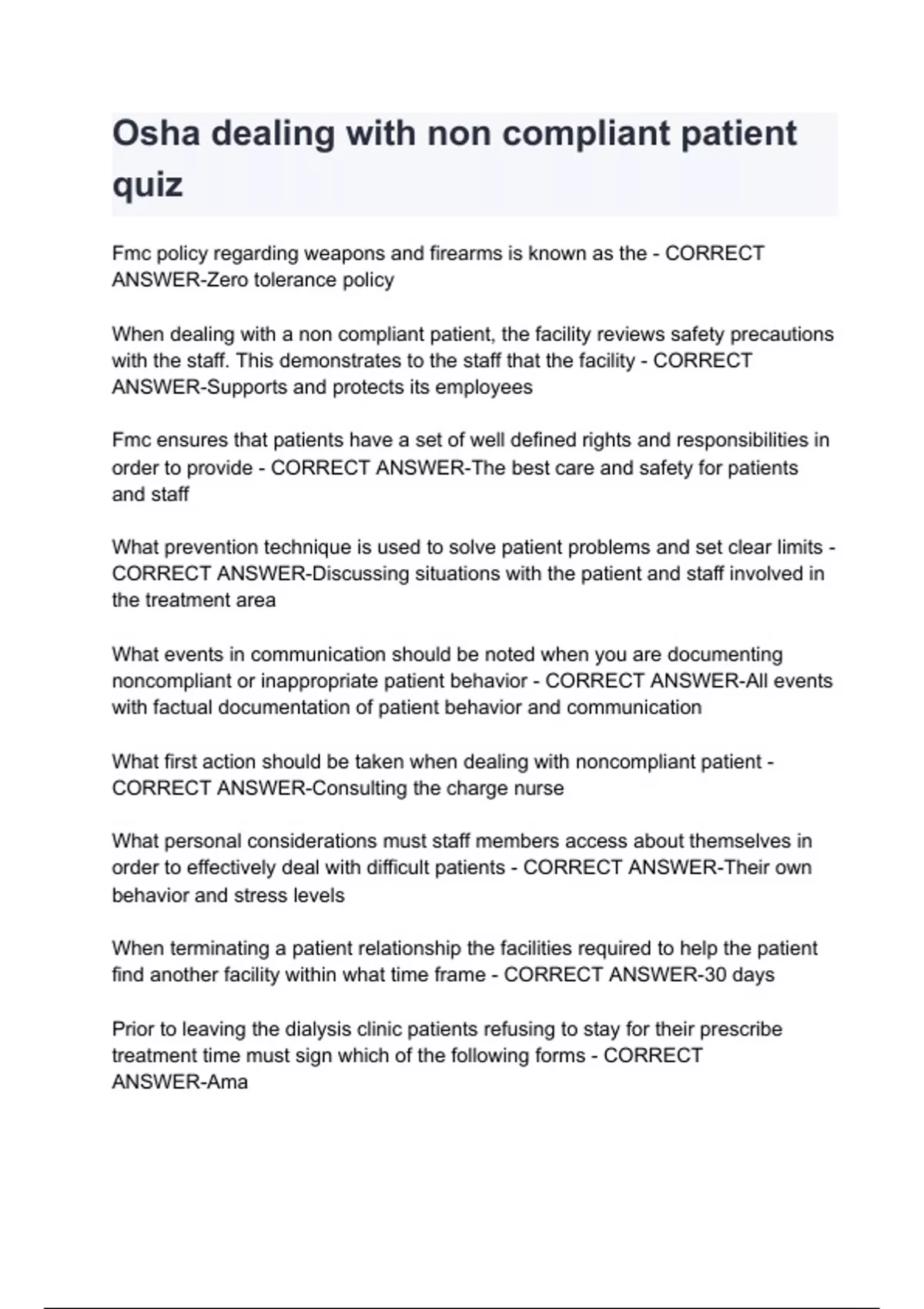 Osha dealing with non compliant patient quiz Questions and Verified ...