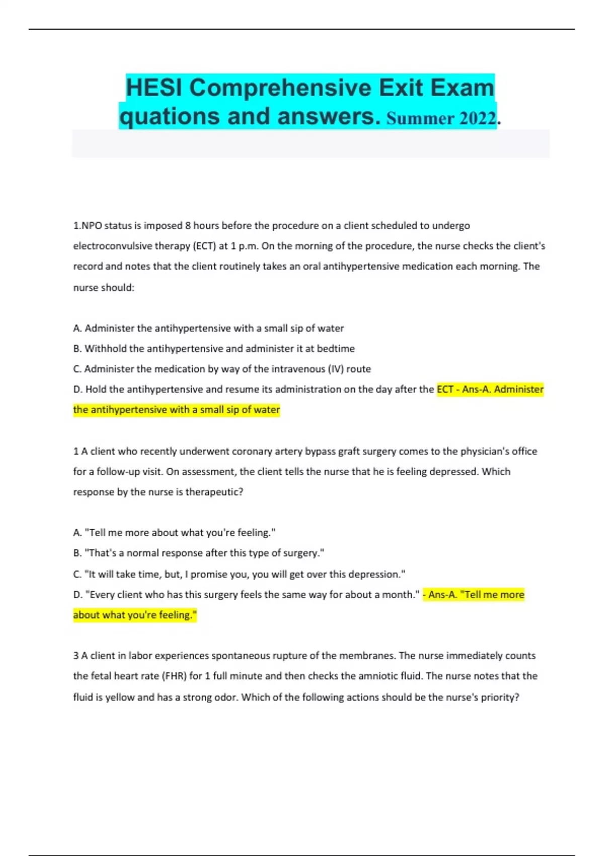HESI Comprehensive Exit Exam quations and answers. Summer 2022. - Hesi ...