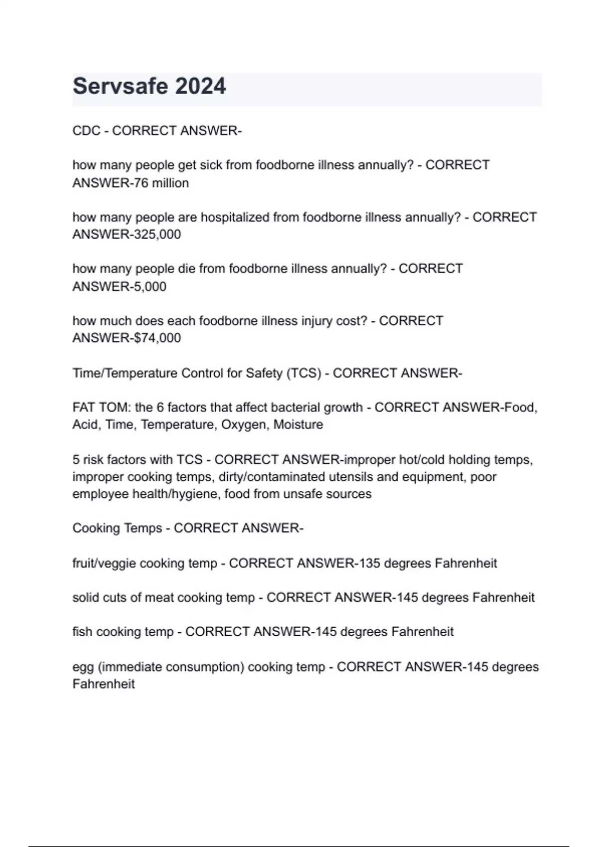 Servsafe 2024 Questions and Verified Answers 100% Correct - Servsafe ...