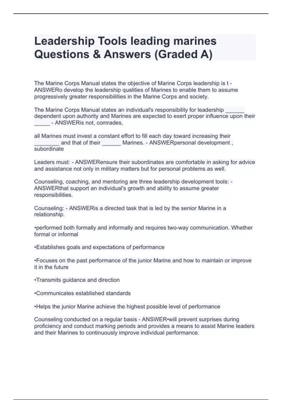 Leadership Tools leading marines Questions & Answers (Graded A ...