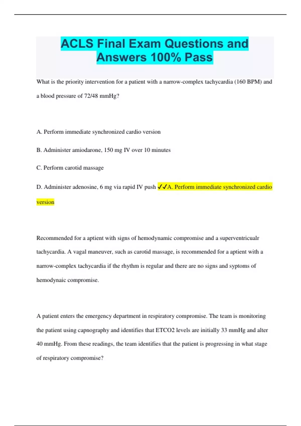 ACLS Final Exam Questions and Answers 100% Pass - ACLS Fin - Stuvia US