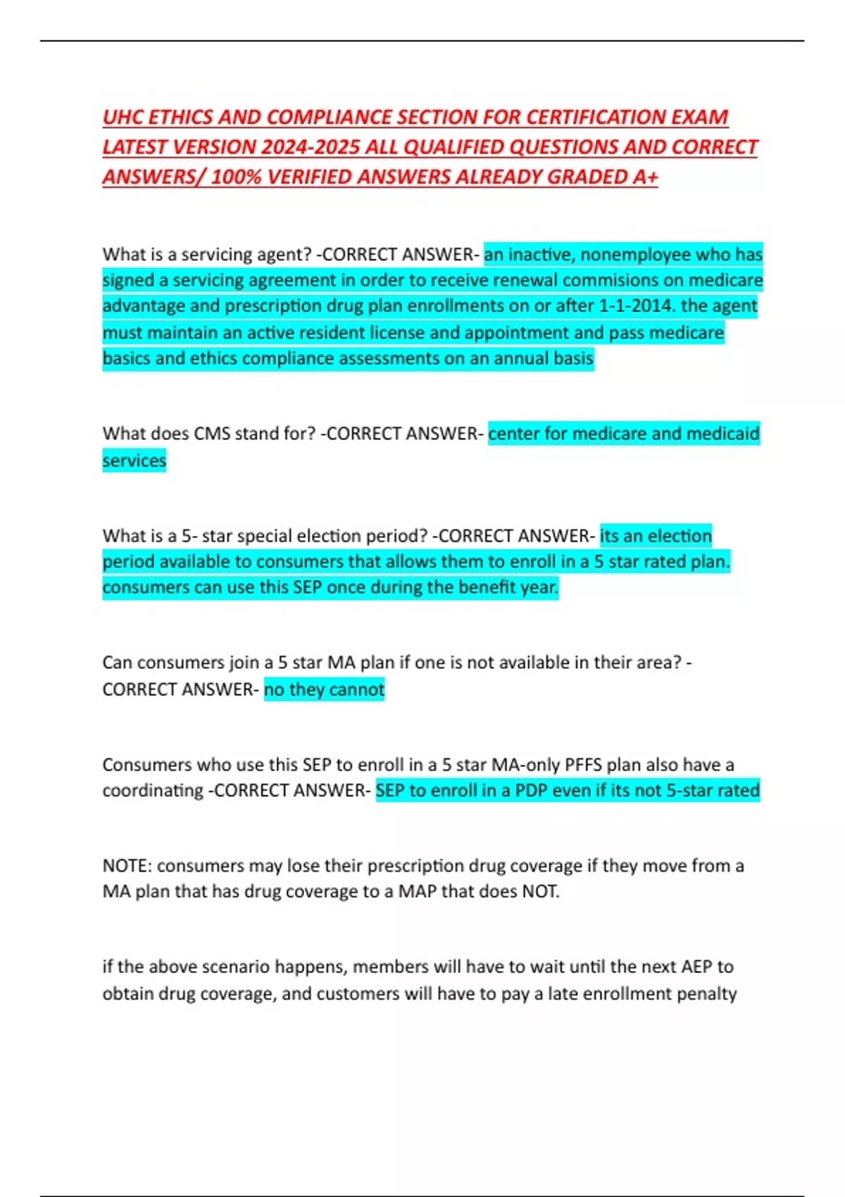 UHC ETHICS AND COMPLIANCE SECTION FOR CERTIFICATION EXAM LATEST VERSION ...