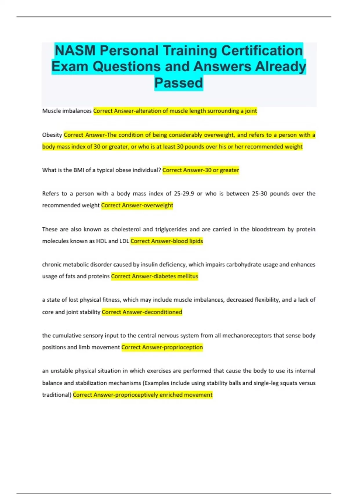 NASM Personal Training Certification Exam Questions and Answers Already Passed - Nasm - Stuvia US