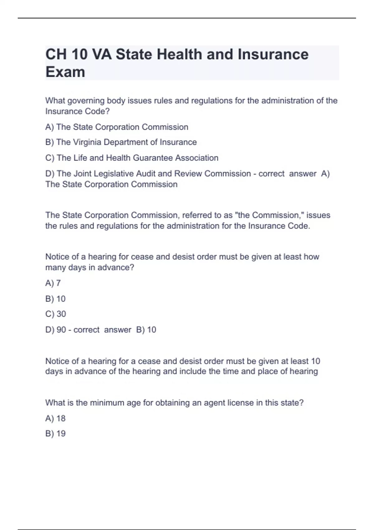 CH 10 VA State Health and Insurance Exam Question and answers correctly ...