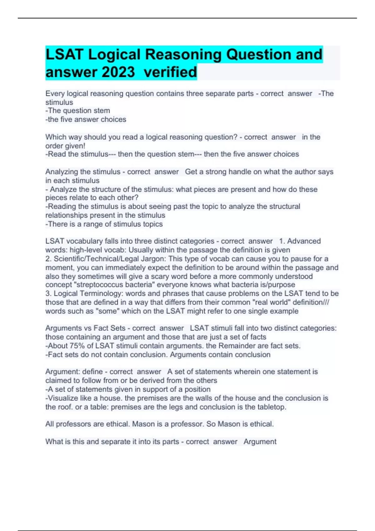 LSAT Logical Reasoning Question and answer rated A+2024 - LSAT - Stuvia US