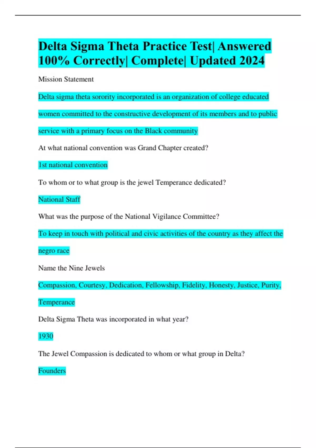 Delta Sigma Theta Practice Test| Answered 100% Correctly| Complete ...