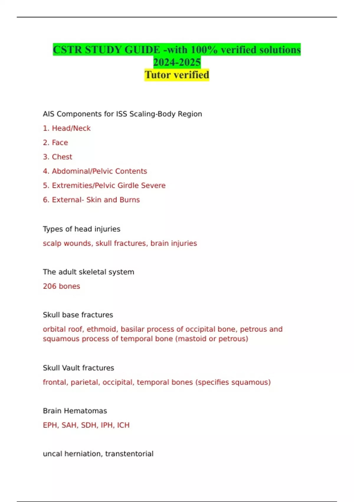 CSTR STUDY GUIDE -with 100% verified solutions - Cstr - Stuvia US