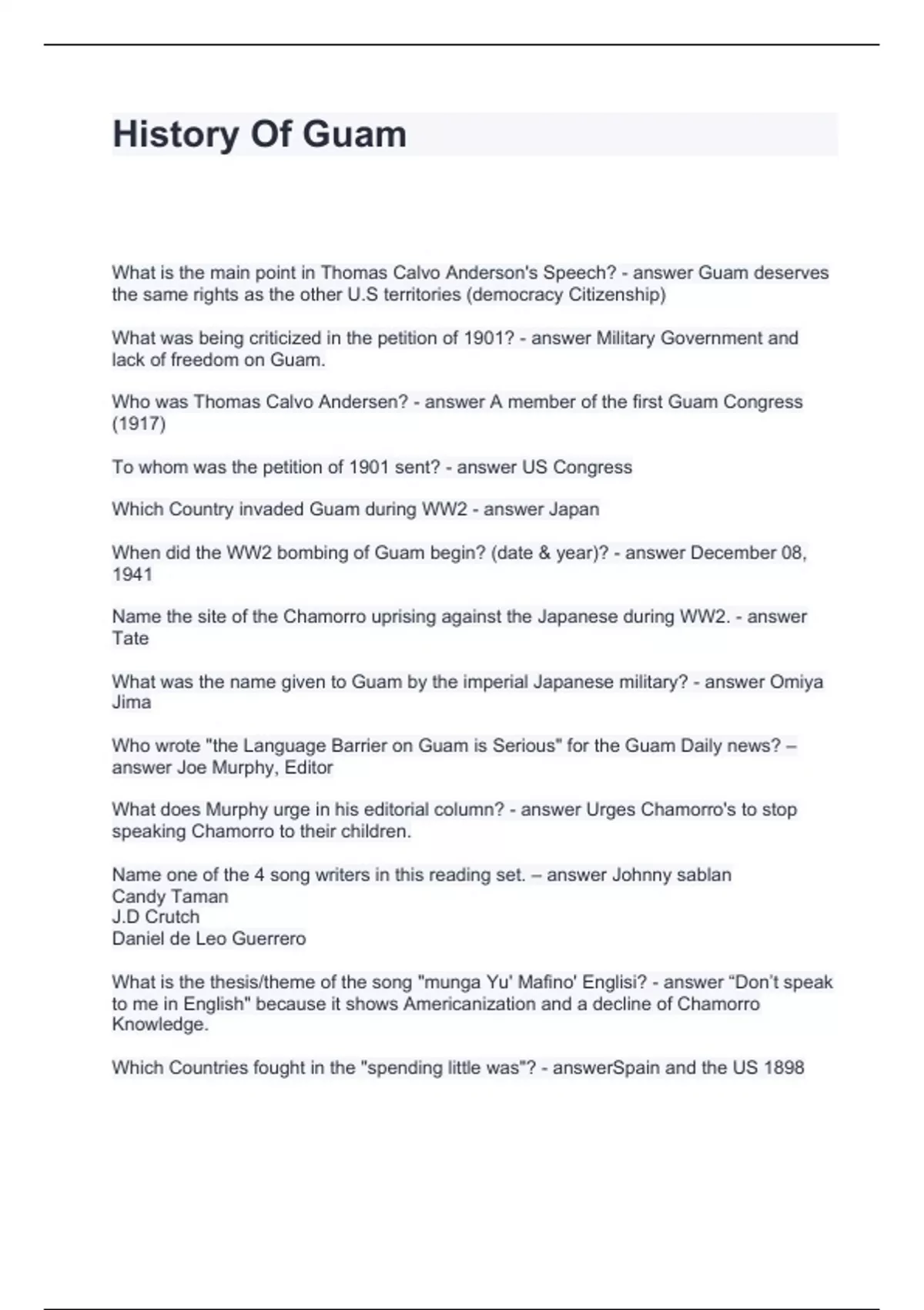 History Of Guam Questions and Answers 2024 - Guam - Stuvia US