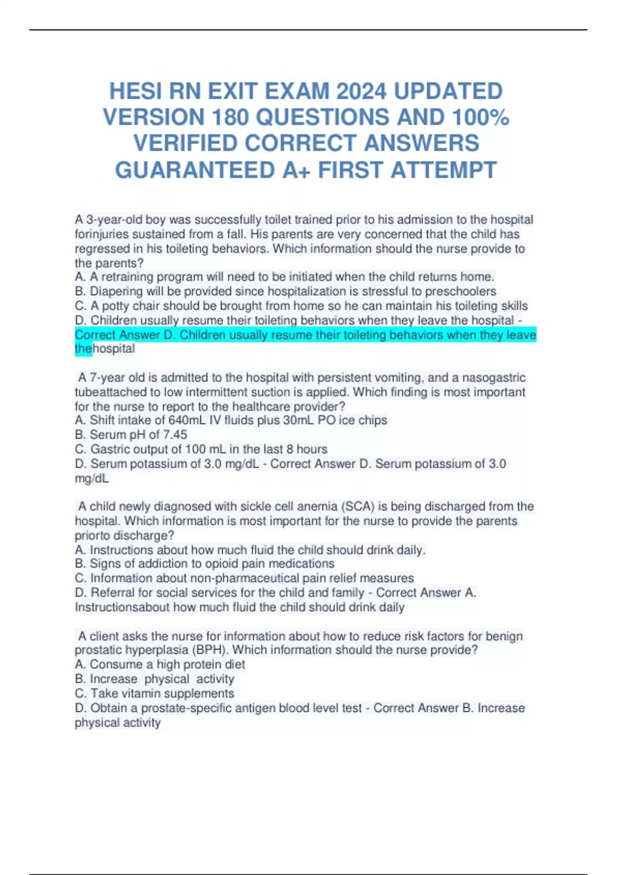 HESI RN EXIT EXAM 2024 UPDATED VERSION 180 QUESTIONS AND 100% VERIFIED ...
