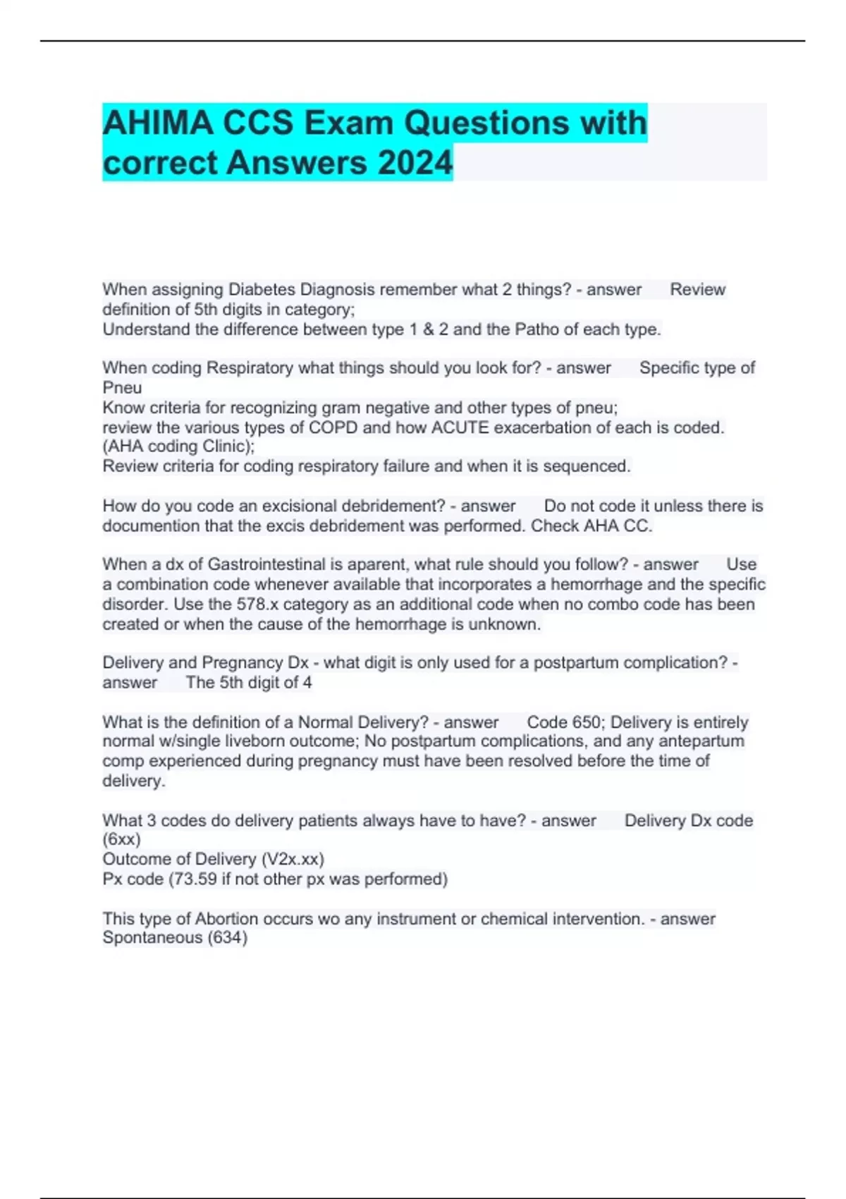 AHIMA CCS Exam Questions with correct Answers 2024 - Ccs - Stuvia US