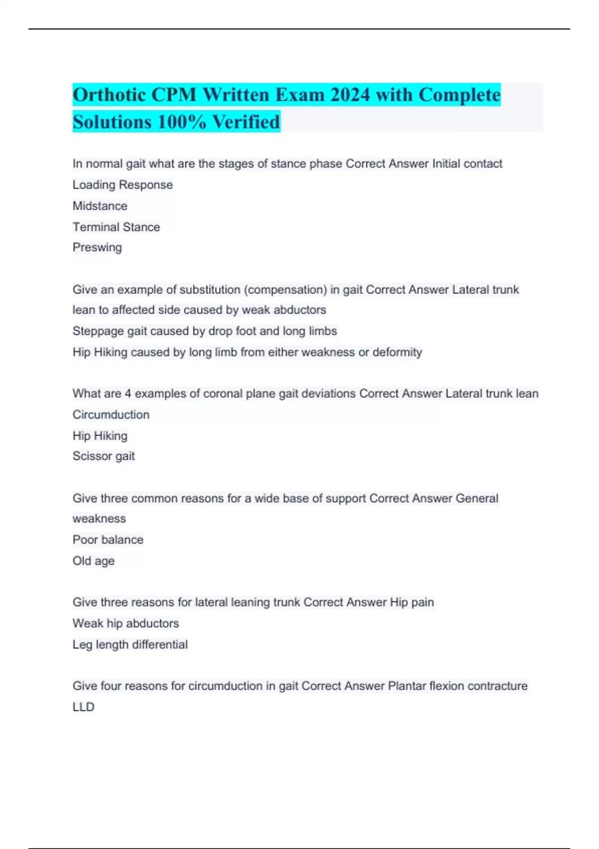 Orthotic CPM Written Exam 2024 with Complete Solutions 100% Verified ...