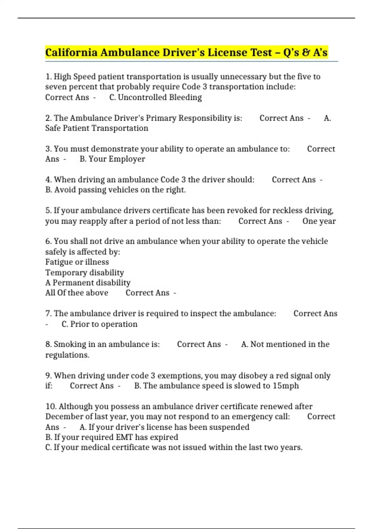 California Ambulance Driver's License Test – Q’s & A’s - CALIFORNIA ...