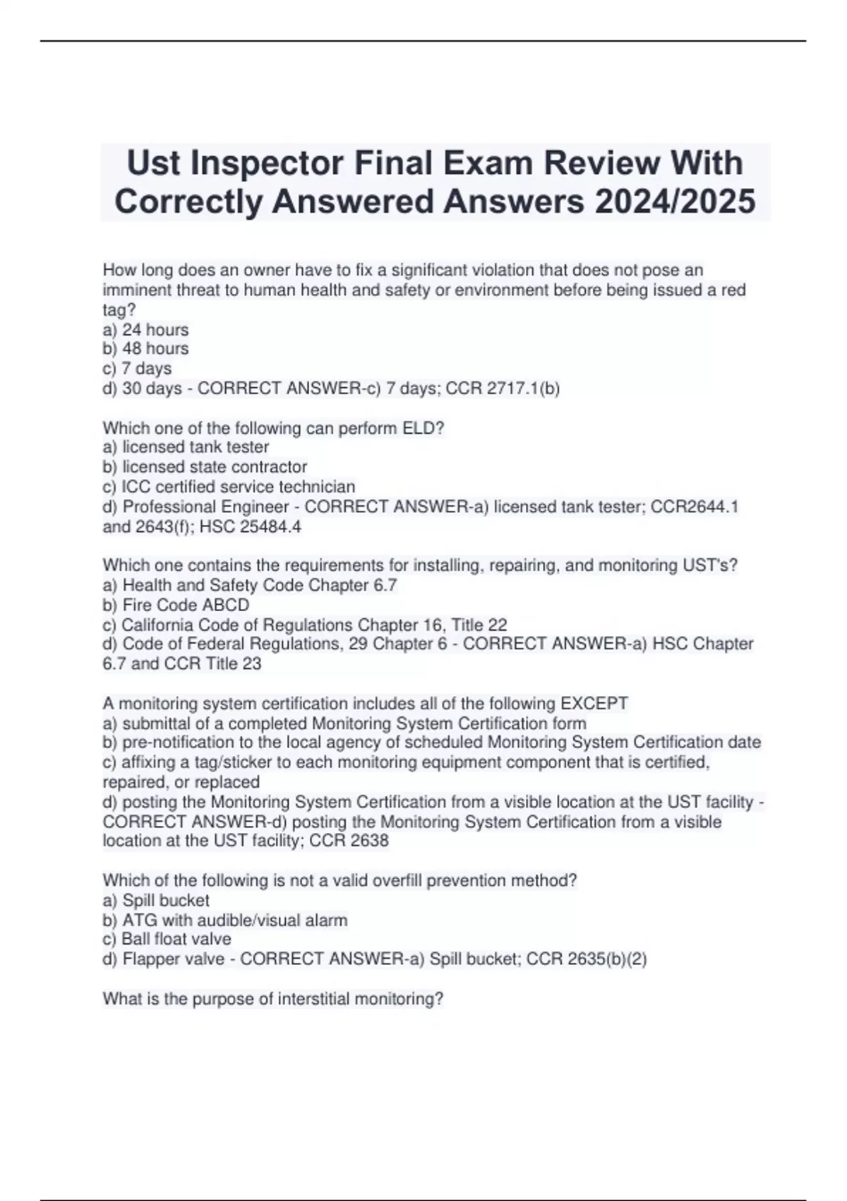 Ust Inspector Final Exam Review With Correctly Answered Answers 2024/ ...