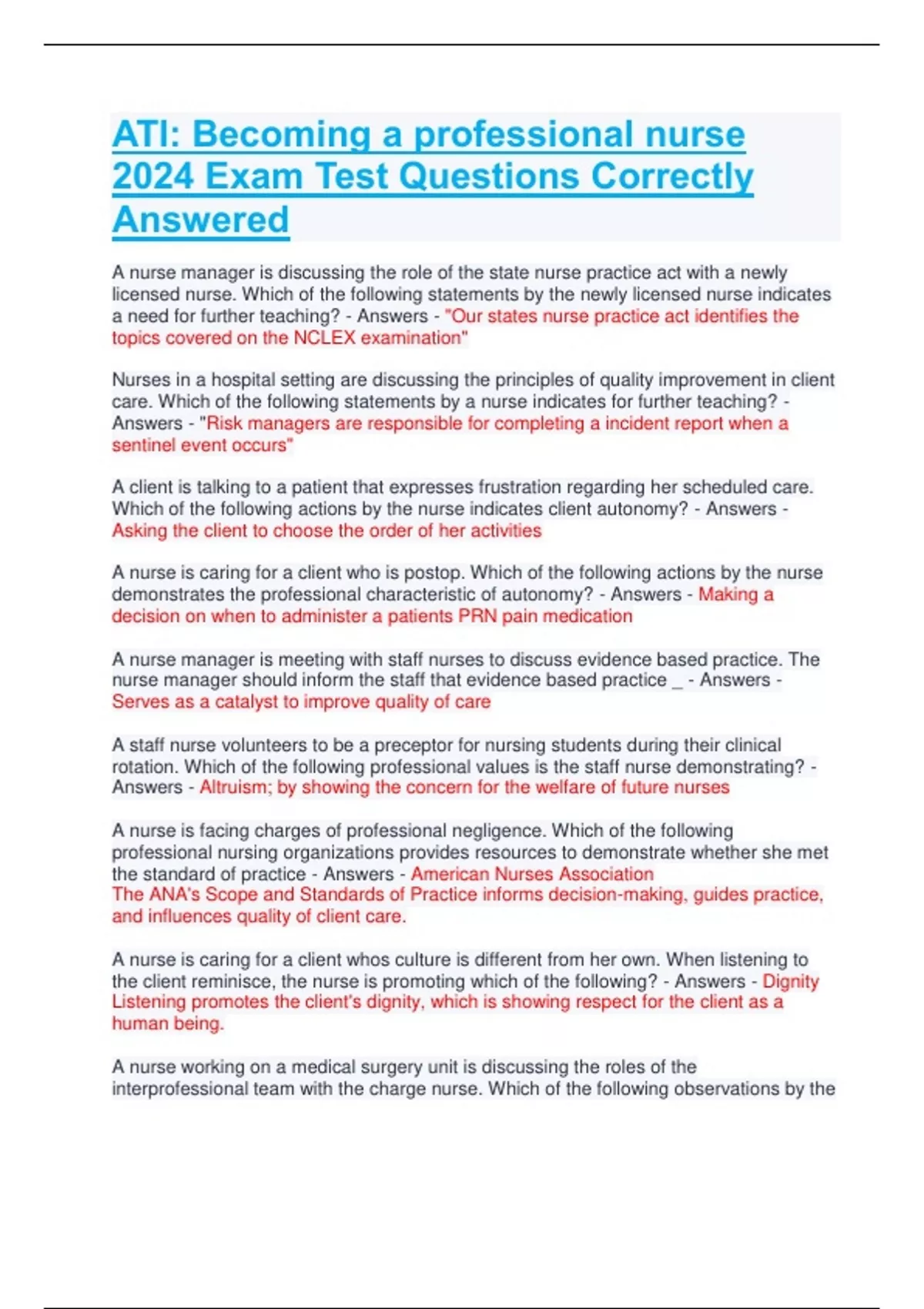 ATI: Becoming a professional nurse 2024 Exam Test Questions Correctly ...