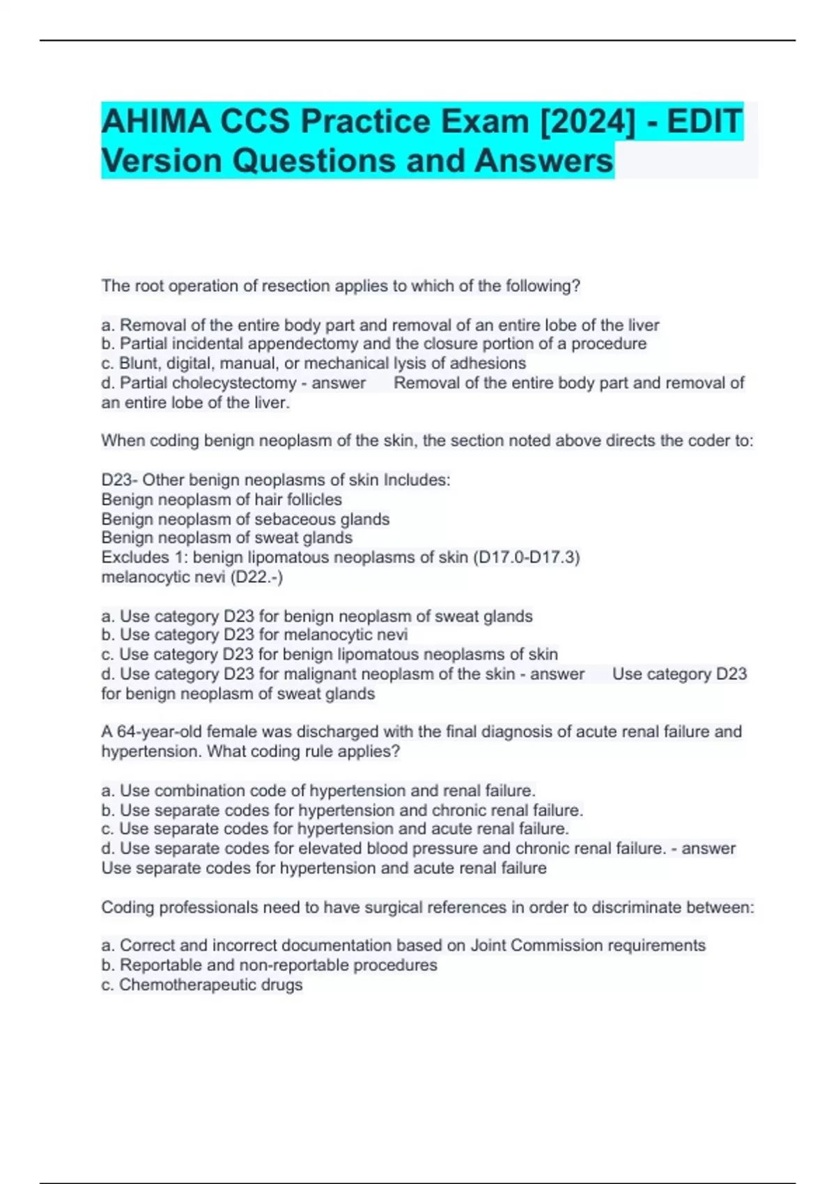 AHIMA CCS Practice Exam [2024] - EDIT Version Questions and Answers ...