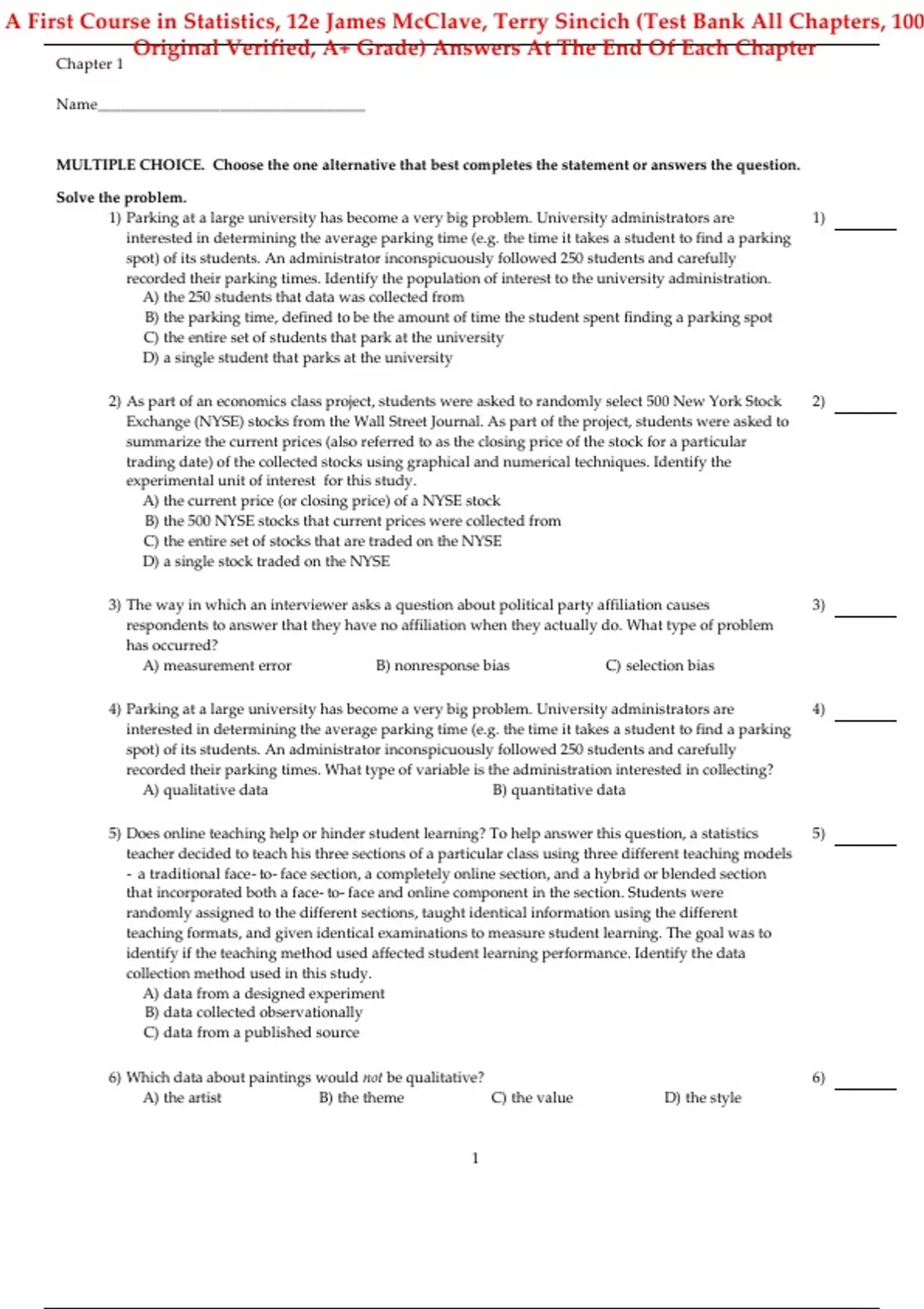 Test Bank for A First Course in Statistics 12th Edition By James ...