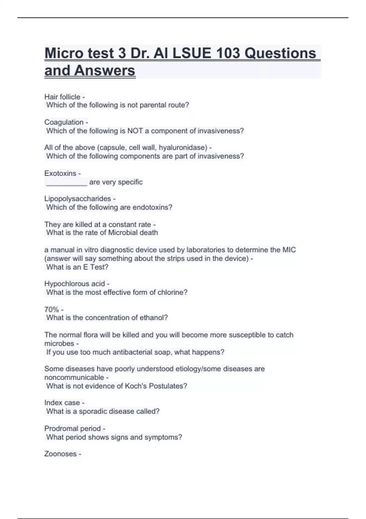 Micro test 3 Dr. Al LSUE 103 Questions and Answers. - Nurs - Stuvia US