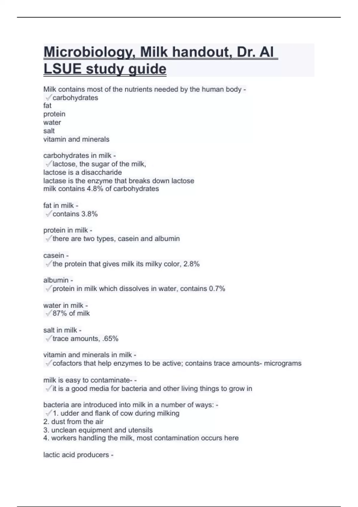 Microbiology, Milk handout, Dr. Al LSUE study guide - Nurs - Stuvia US