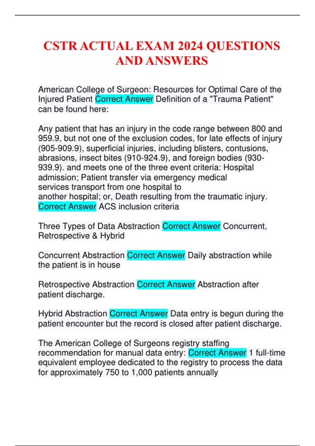 CSTR CERTIFICATION ACTUAL EXAM 2024 QUESTIONS AND ANSWERS - Certified Specialist in Trauma ...