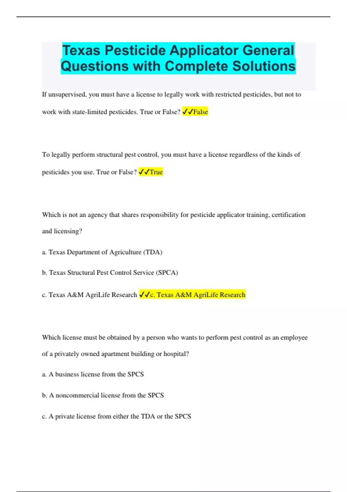 Texas Pesticide Applicator General Questions with Complete Solutions ...