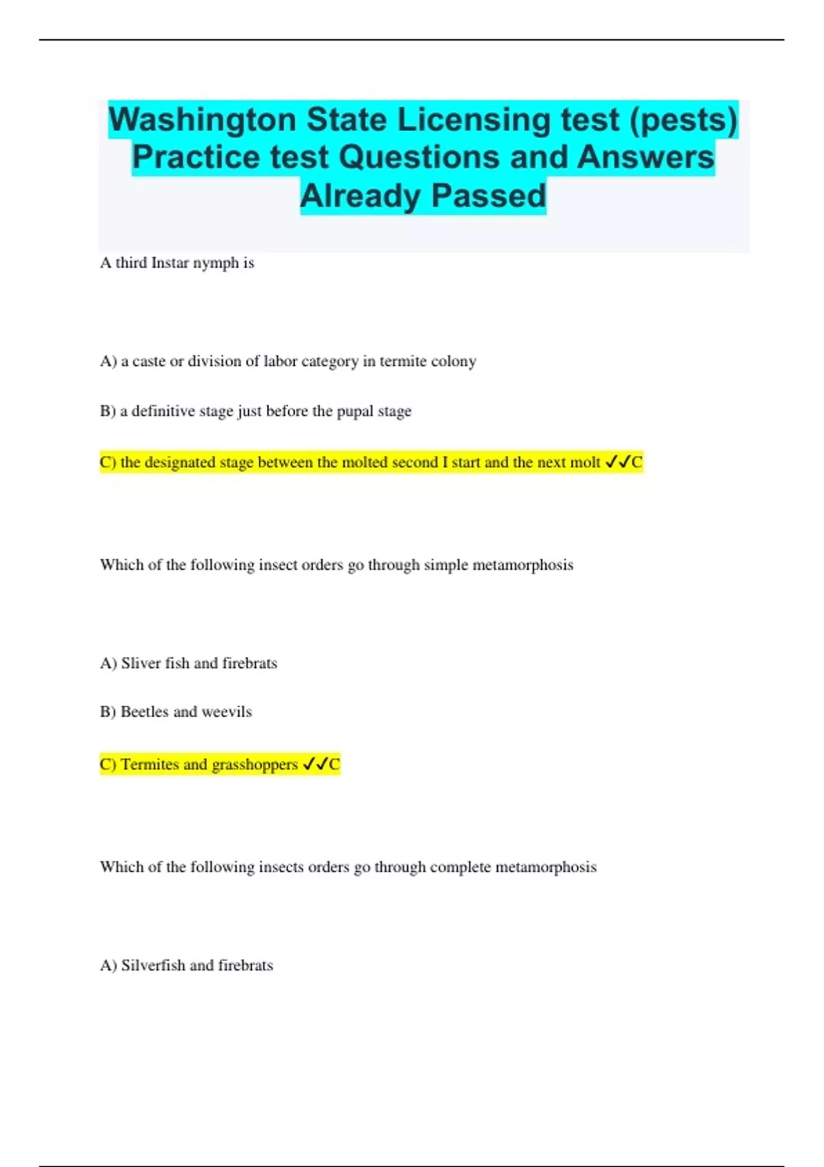 Washington State Licensing test (pests) Practice test Questions and ...