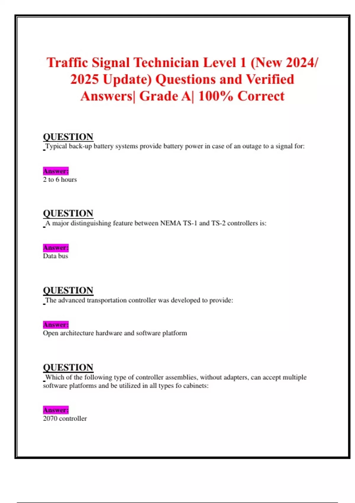 Traffic Signal Technician Level 1 (New 2024/ 2025 Update) Questions and ...