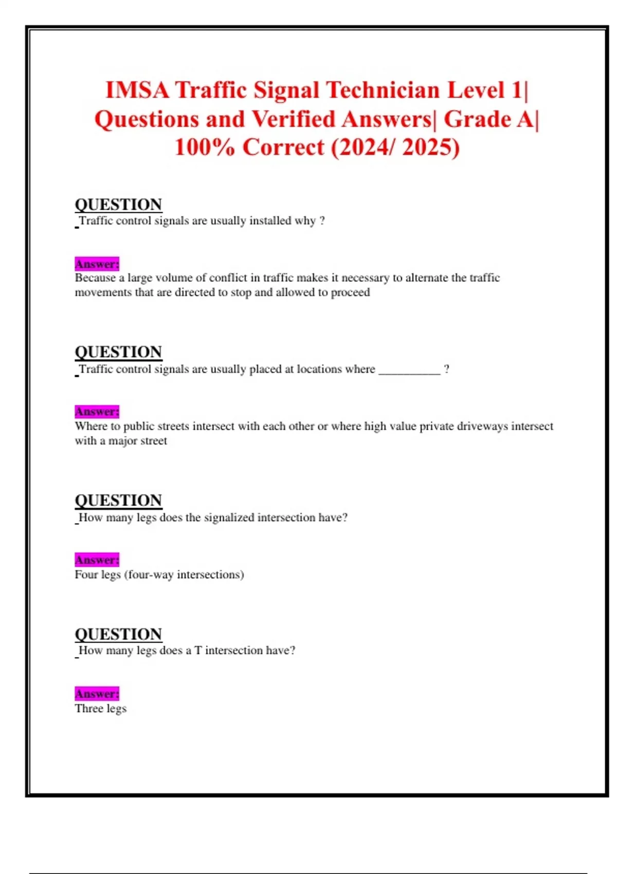 IMSA Traffic Signal Technician Level 1| Questions and Verified Answers ...