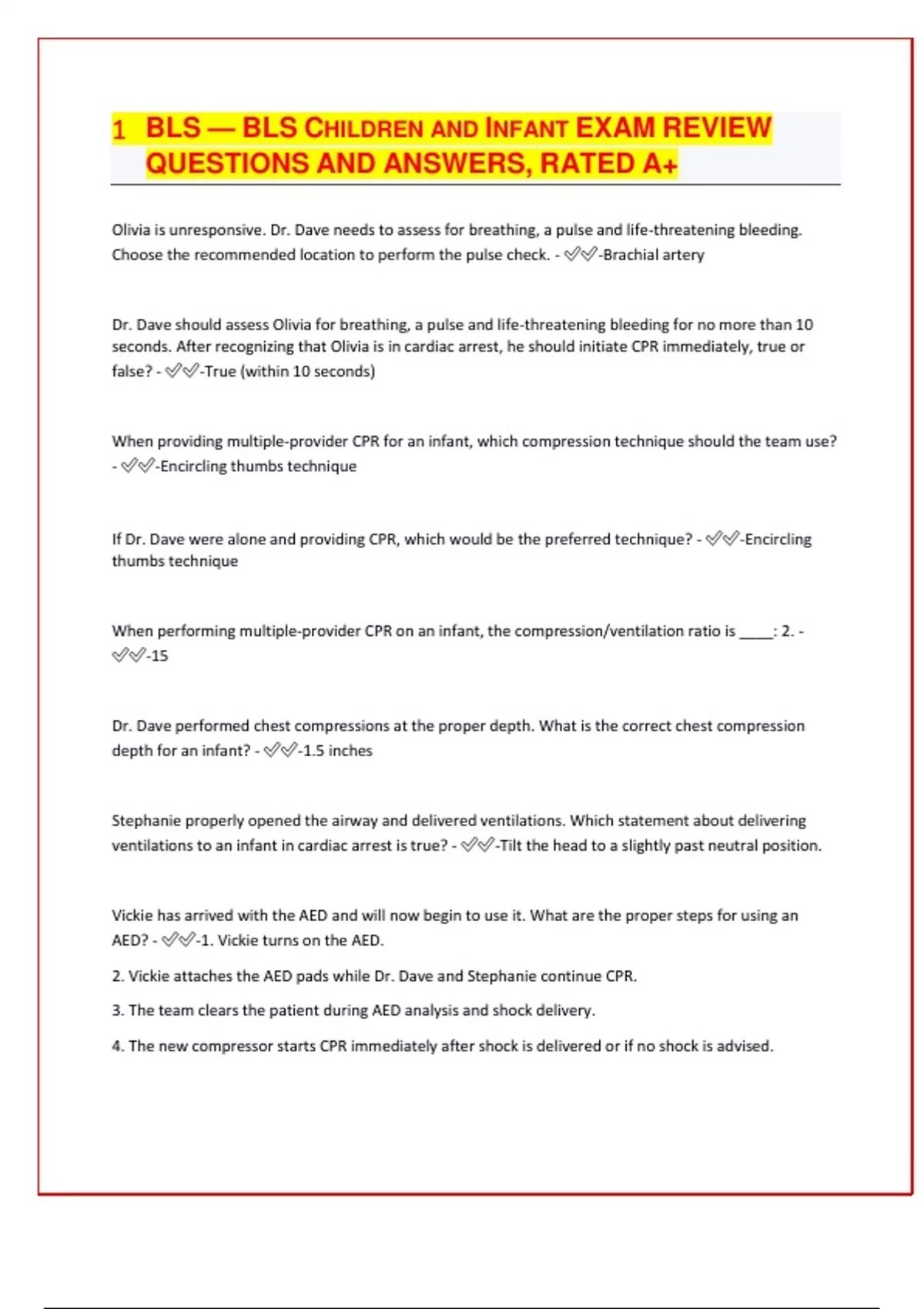 BLS — BLS CHILDREN AND INFANT EXAM REVIEW QUESTIONS AND ANS| LATEST ...