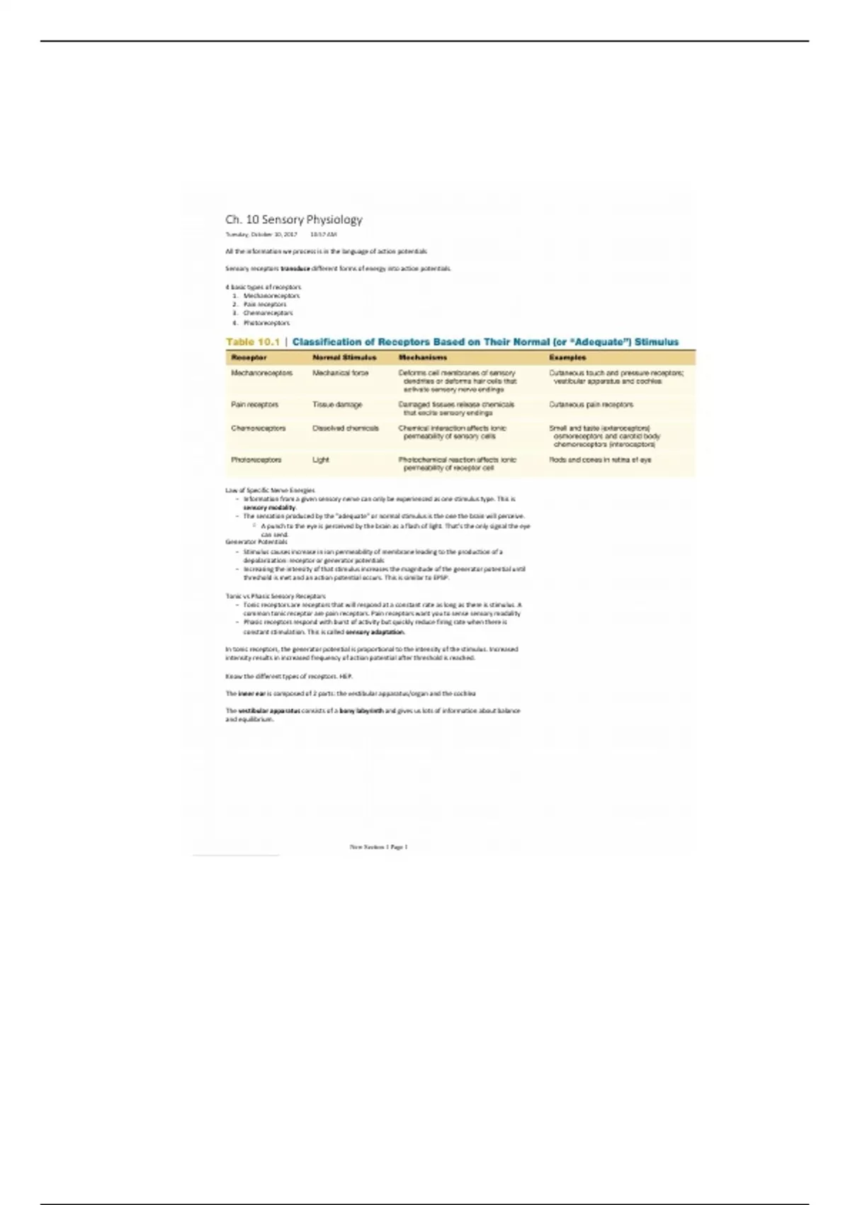 Biol 207 - Sensory physiology notes - BIOL 207 Human Physiology - Stuvia US