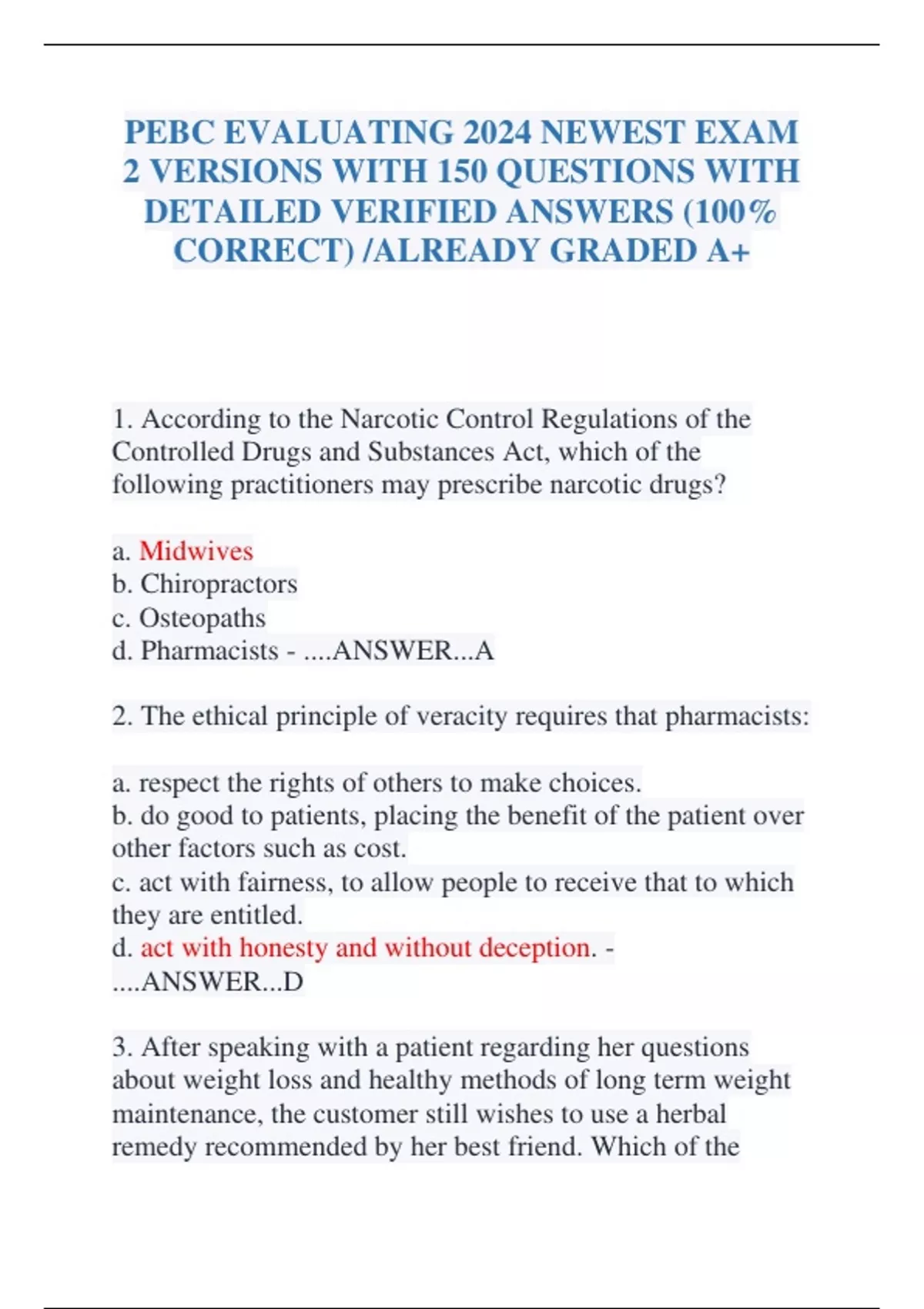 PEBC EVALUATING 2024 NEWEST EXAM 2 VERSIONS WITH 150 QUESTIONS WITH ...