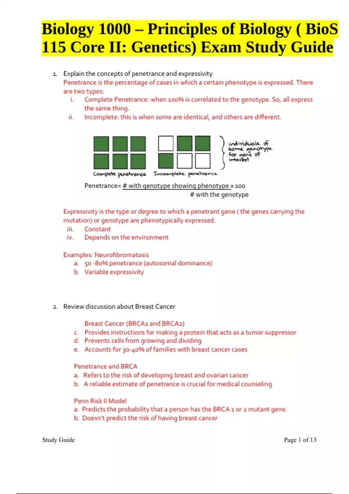 Biology 1000 – Principles of Biology ( BioS 115 Core II: Genetics) Exam ...