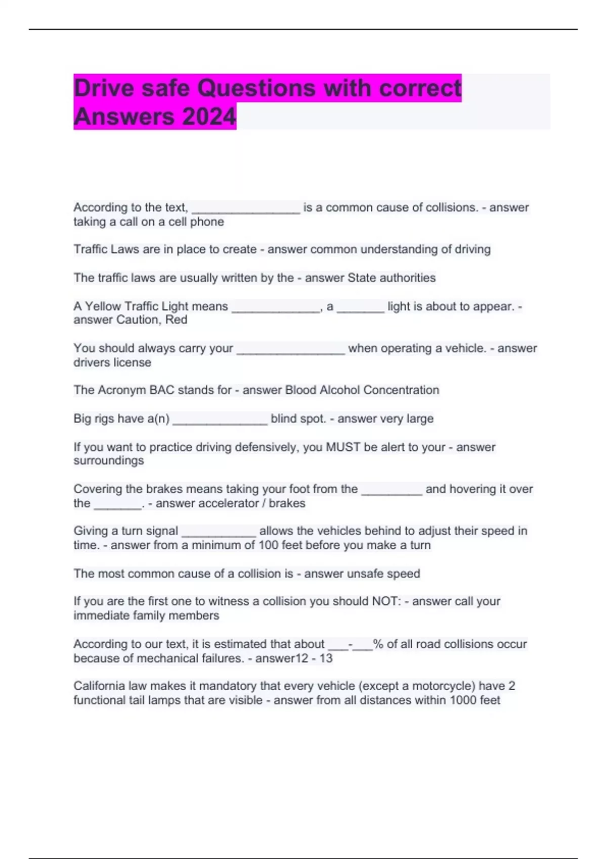 Drive safe Questions with correct Answers 2024 - Drive Safely - Stuvia US