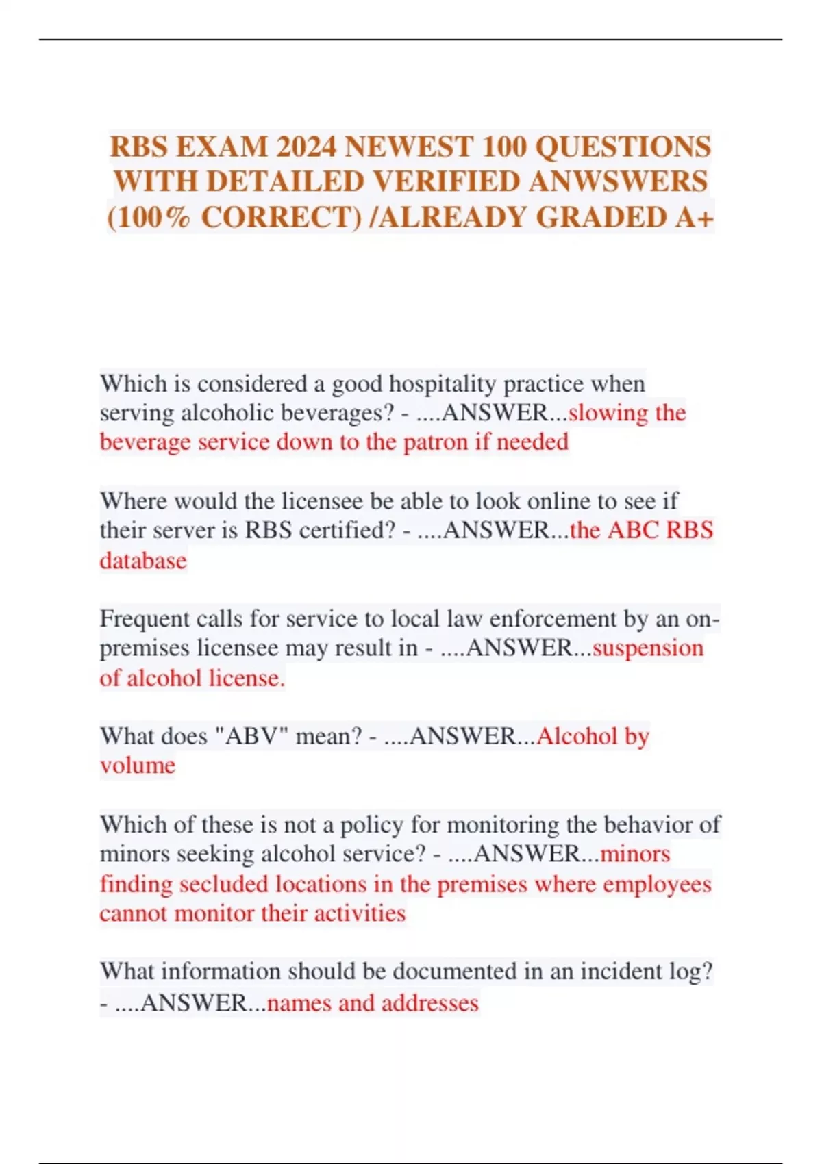 RBS EXAM 2024 NEWEST 100 QUESTIONS WITH DETAILED VERIFIED ANWSWERS (100 ...