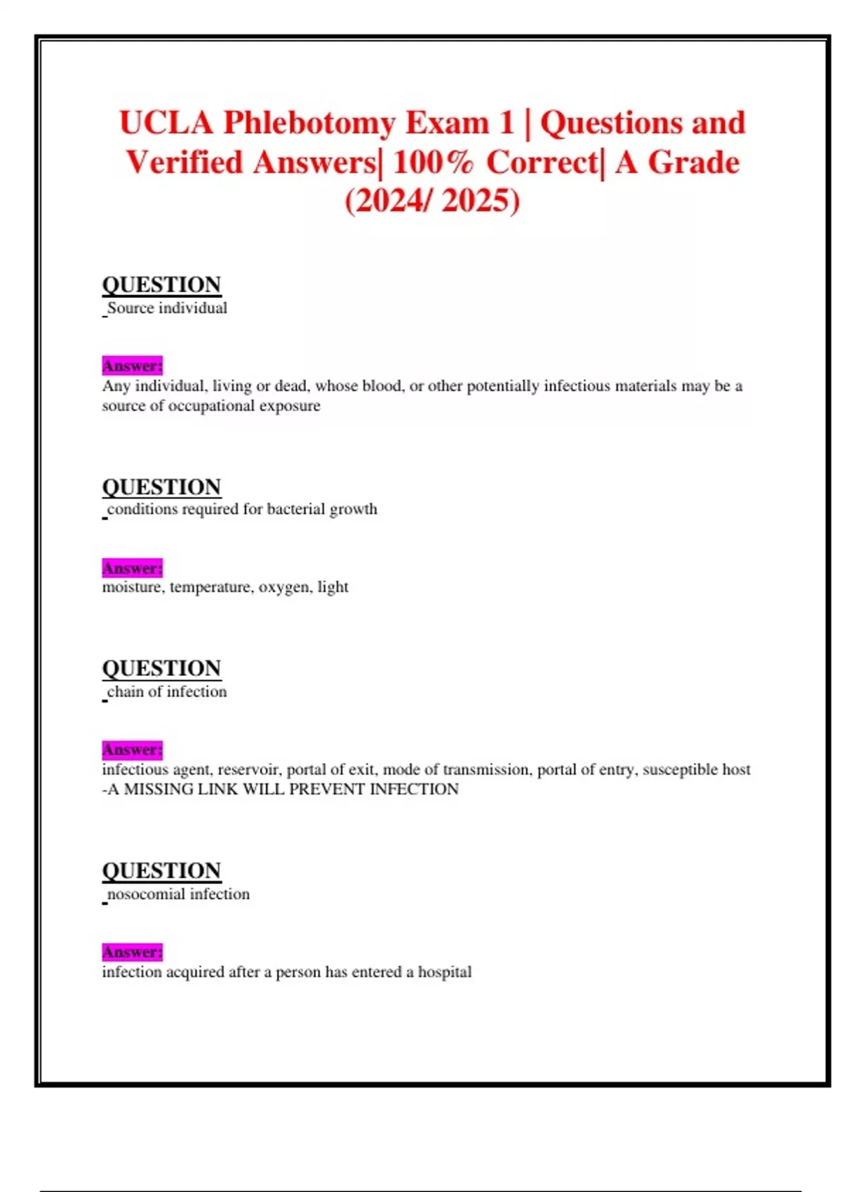 UCLA Phlebotomy Exam 1 | Questions and Verified Answers| 100% Correct ...