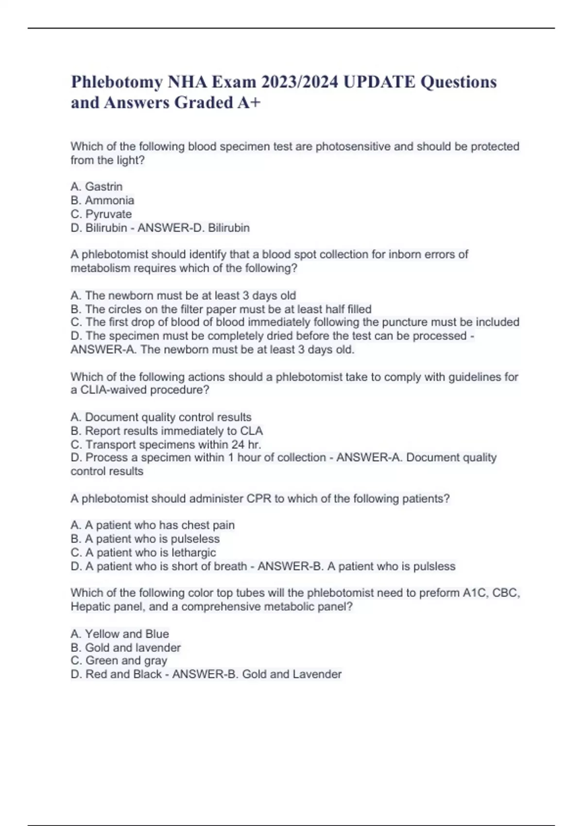 Phlebotomy NHA Exam 2023/2024 UPDATE Questions and Answers Graded A+ ...