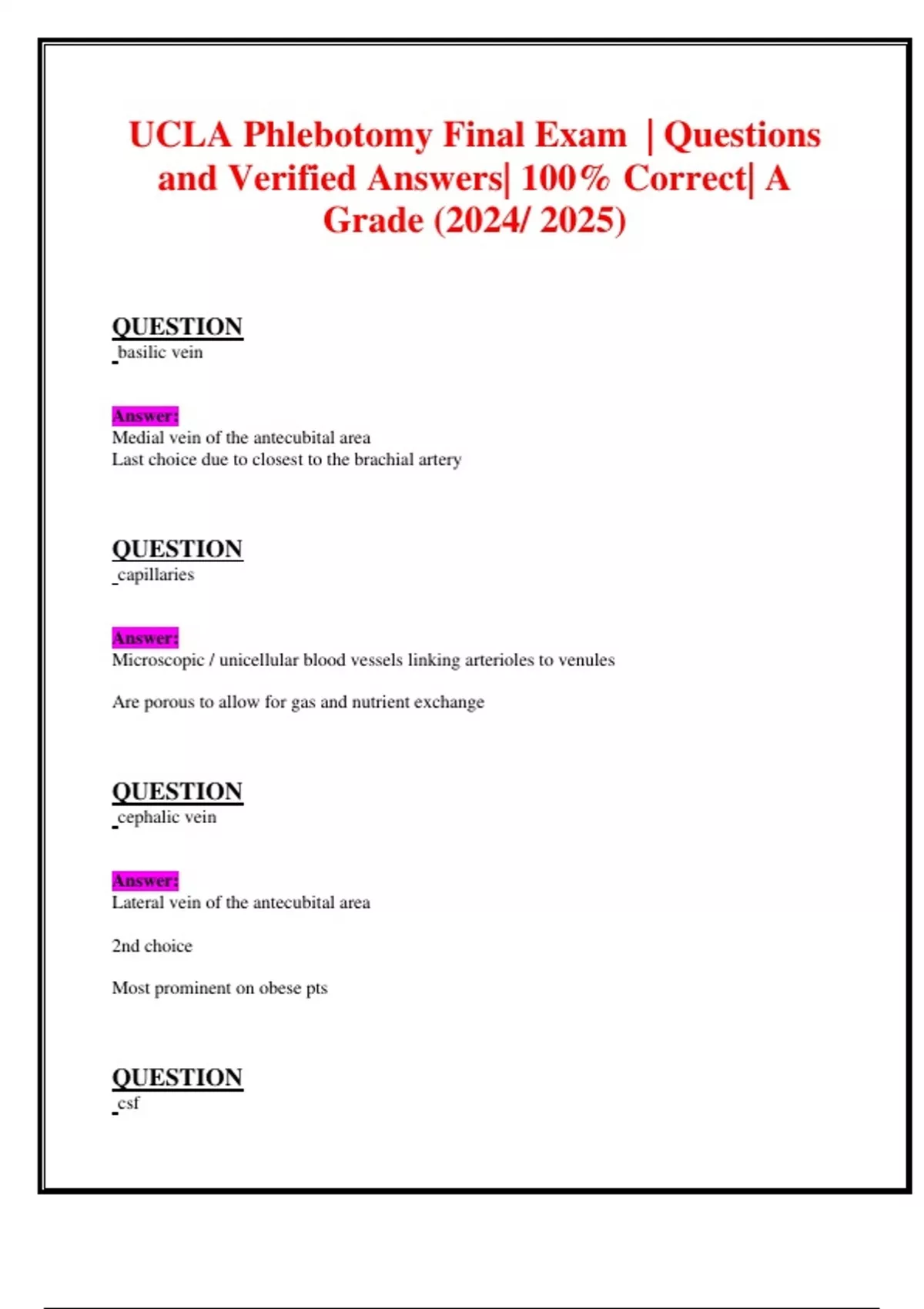 UCLA Phlebotomy Final Exam | Questions and Verified Answers| 100% Correct| A Grade (2024/ 2025 ...