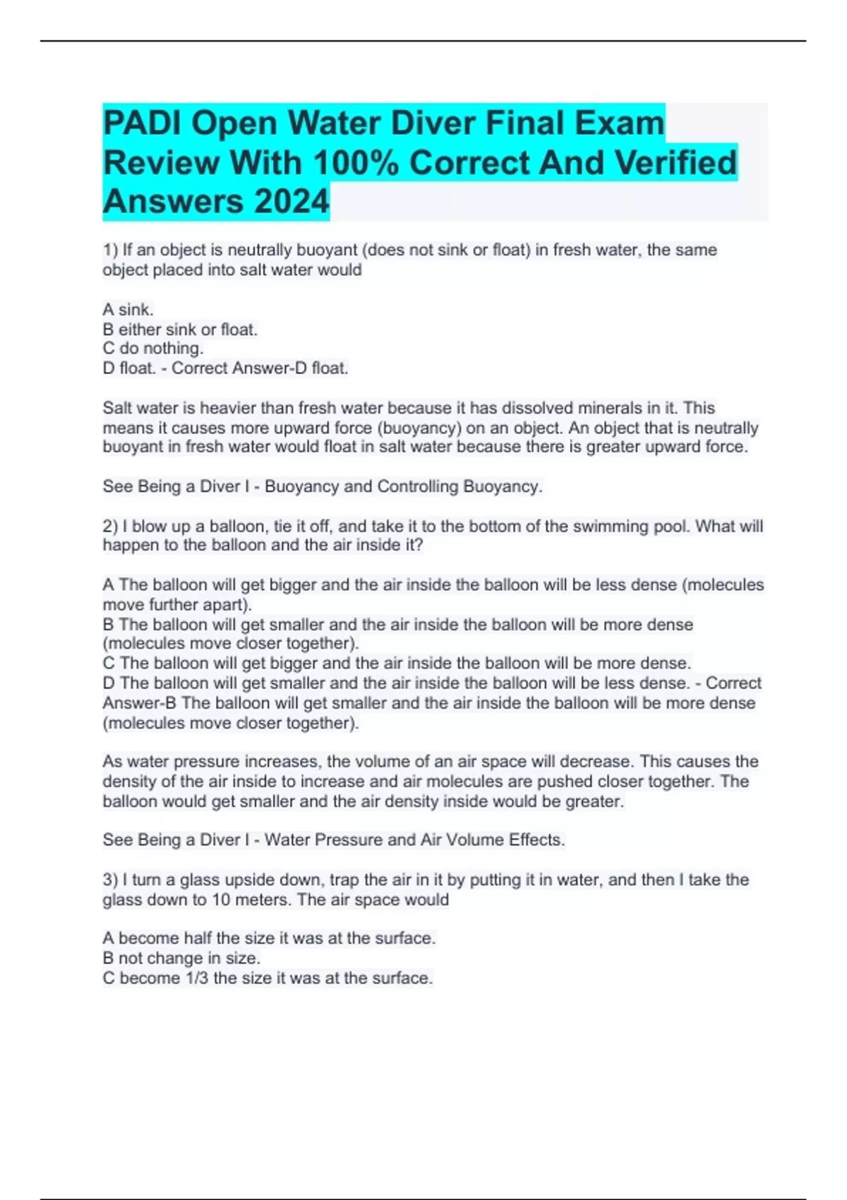 PADI Open Water Diver Final Exam Review With 100% Correct And Verified Answers 2024 - PADI Open ...
