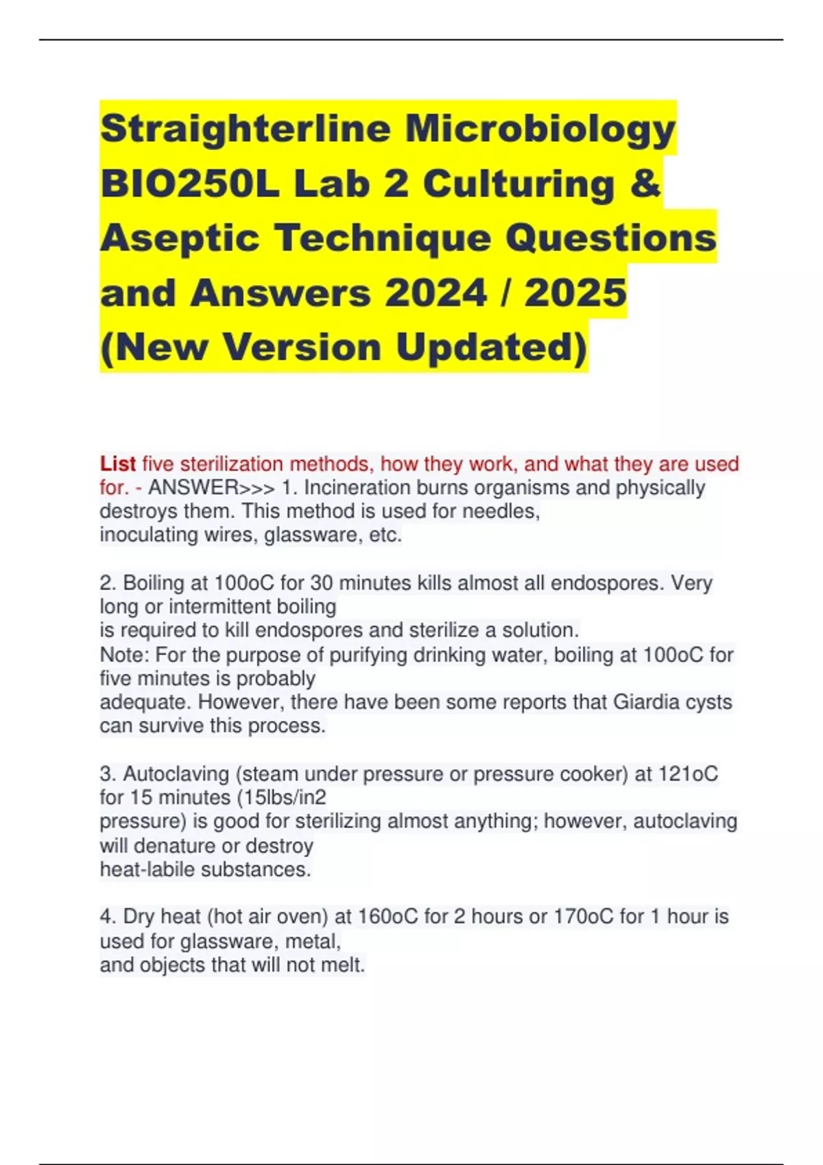 Straighterline Microbiology BIO250L Lab 2 Culturing & Aseptic Technique Questions and Answers ...