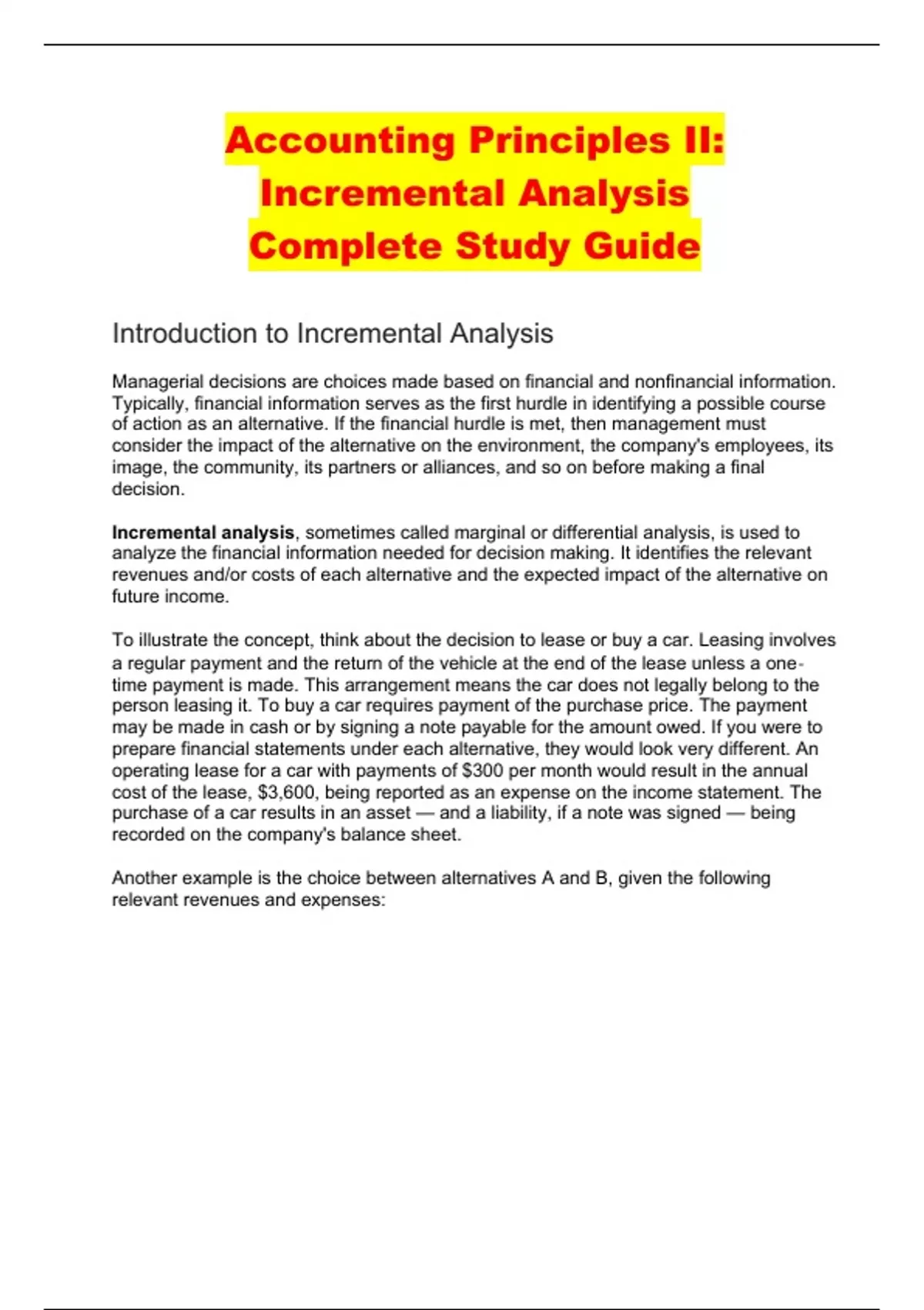 Accounting Principles II: Incremental Analysis Complete Study Guide - Accounting Principles ...